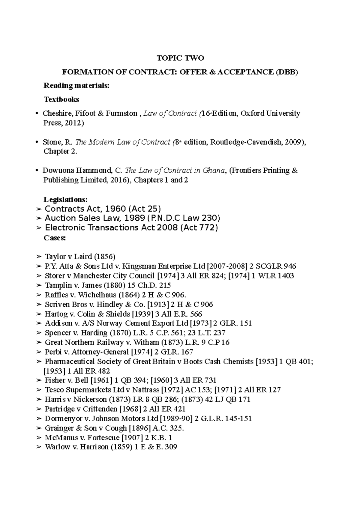 Cases - TOPIC TWO FORMATION OF CONTRACT: OFFER & ACCEPTANCE (DBB ...