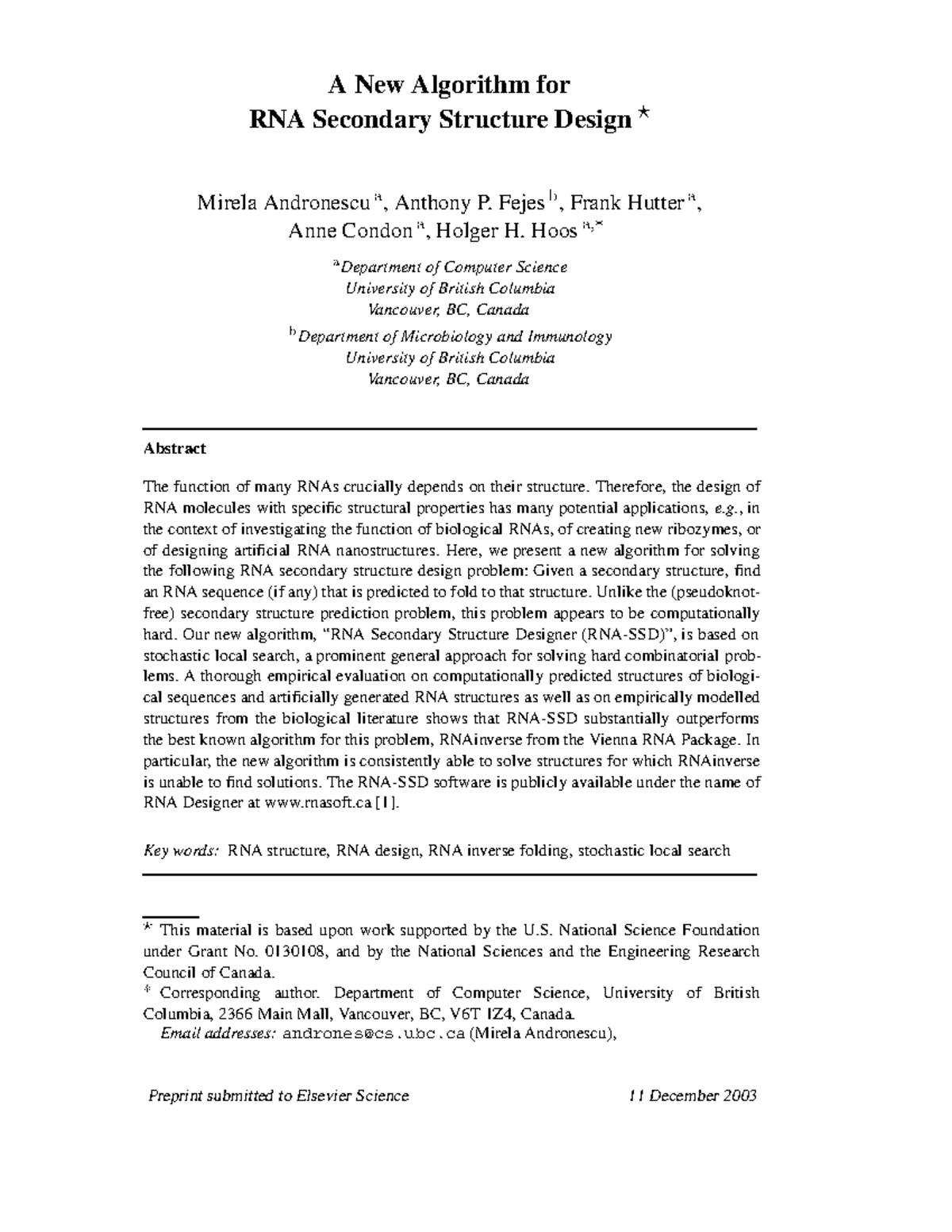 A New Algorithm for RNA Secondary Structure Design - A New Algorithm for RNA Secondary Structure ...