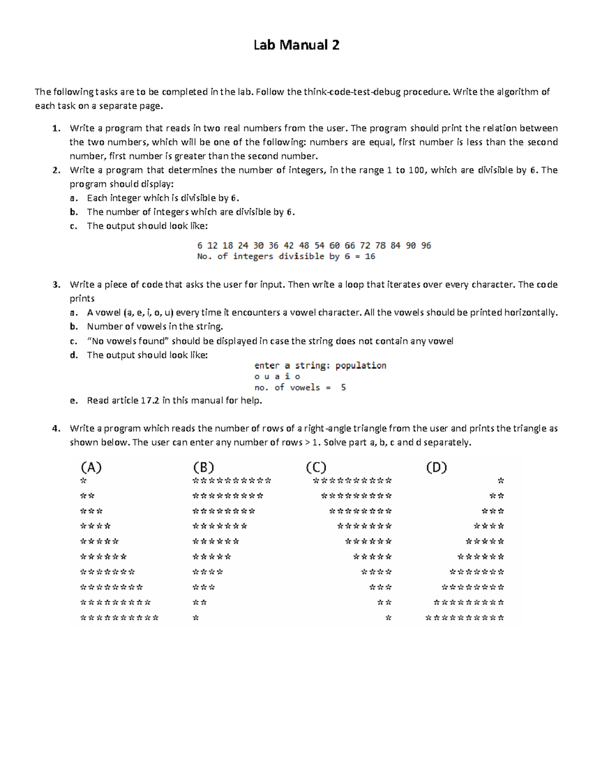 Lab manual 2 - Lab Manual 2 The following tasks are to be completed in ...