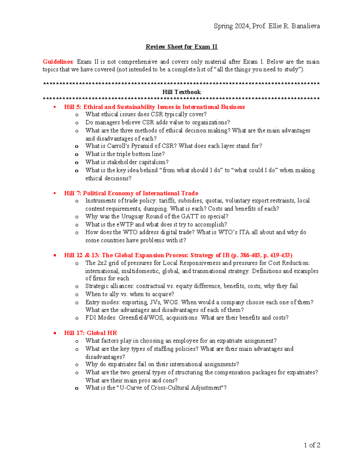 Review Sheet for Exam2 Spring 2024 - Spring 2024, Prof. Ellie R ...