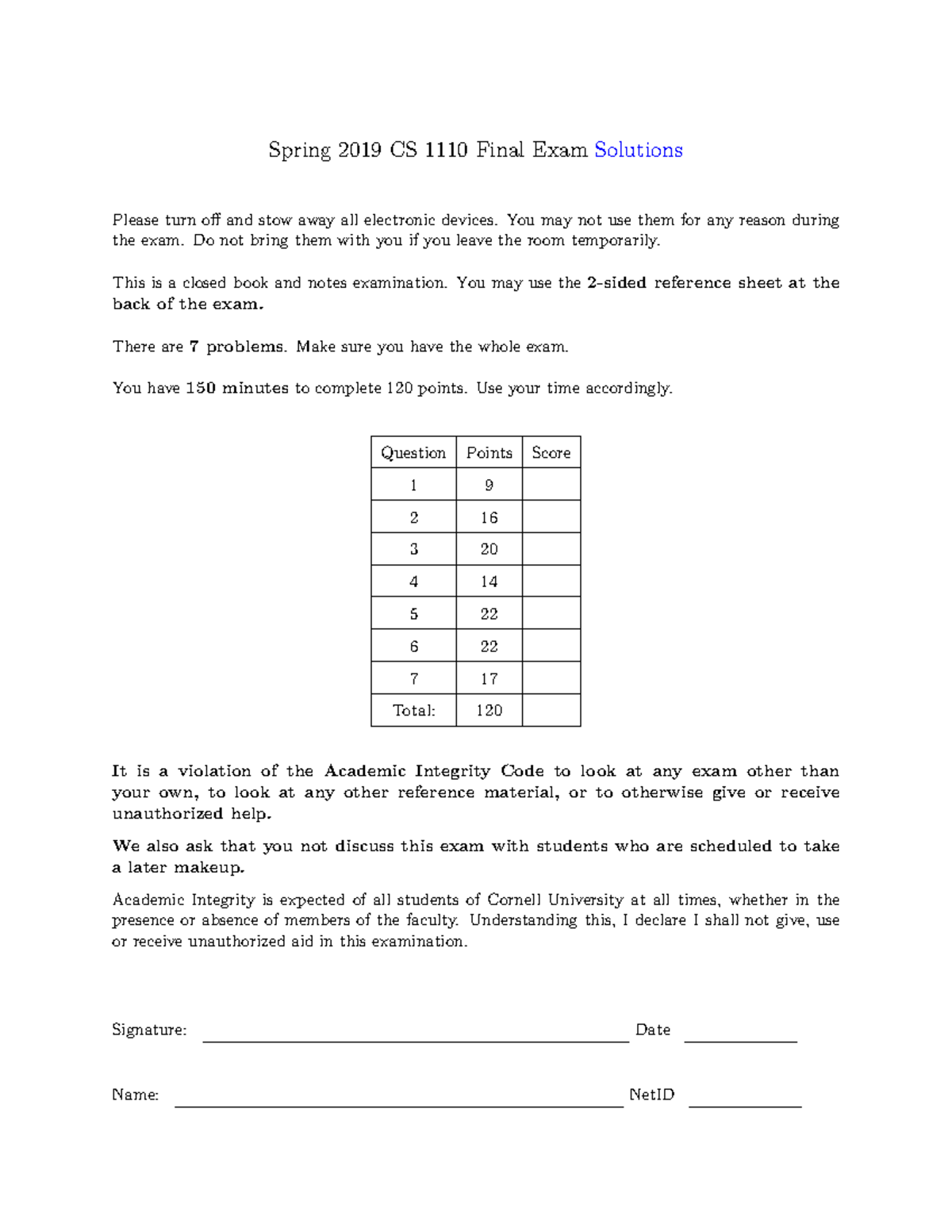 2019 spring final answers - Spring 2019 CS 1110 Final Exam Solutions ...