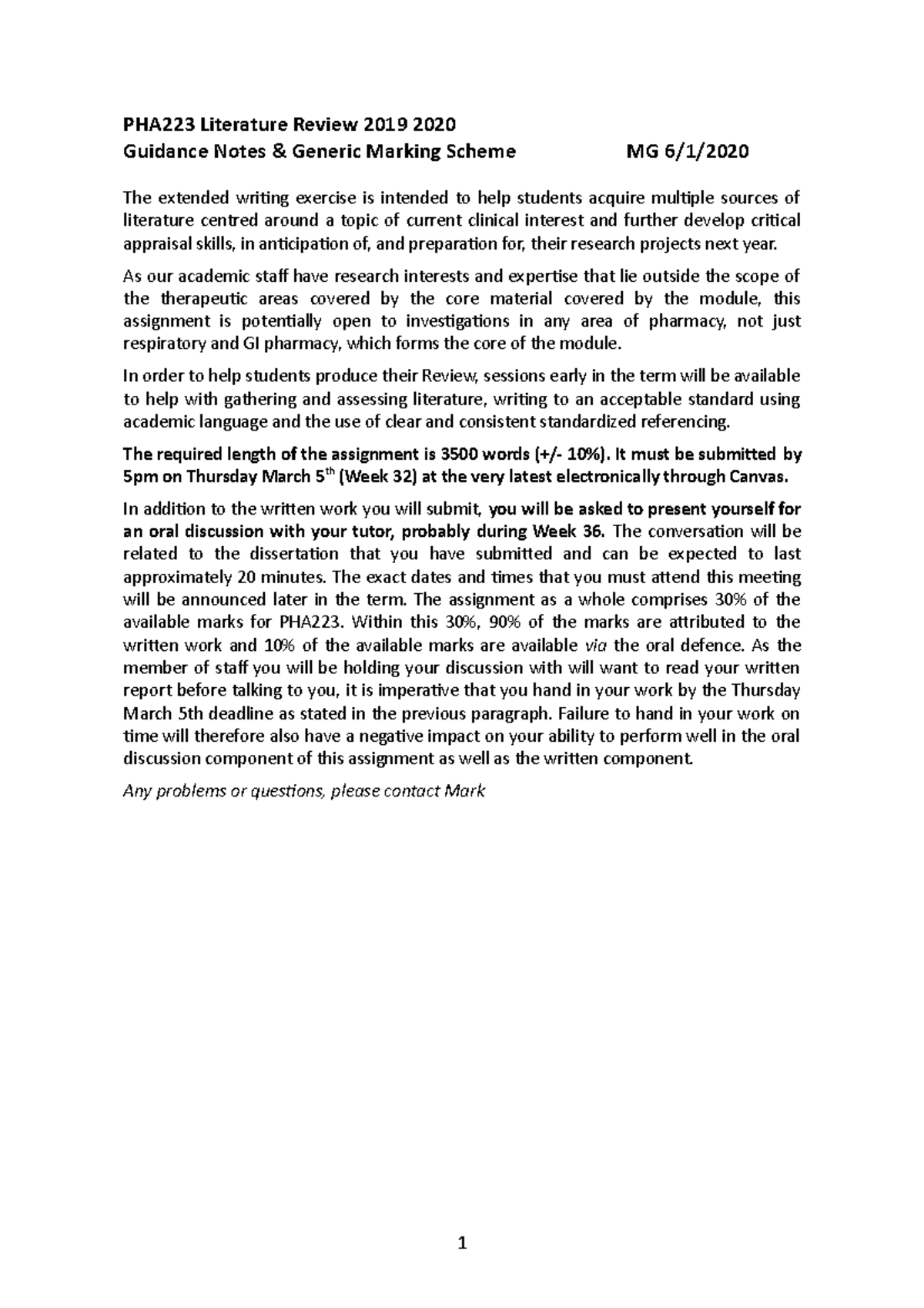 PHA223 Lit Rev - Guidance Notes and Marking Scheme 2019 2020 - PHA223 ...