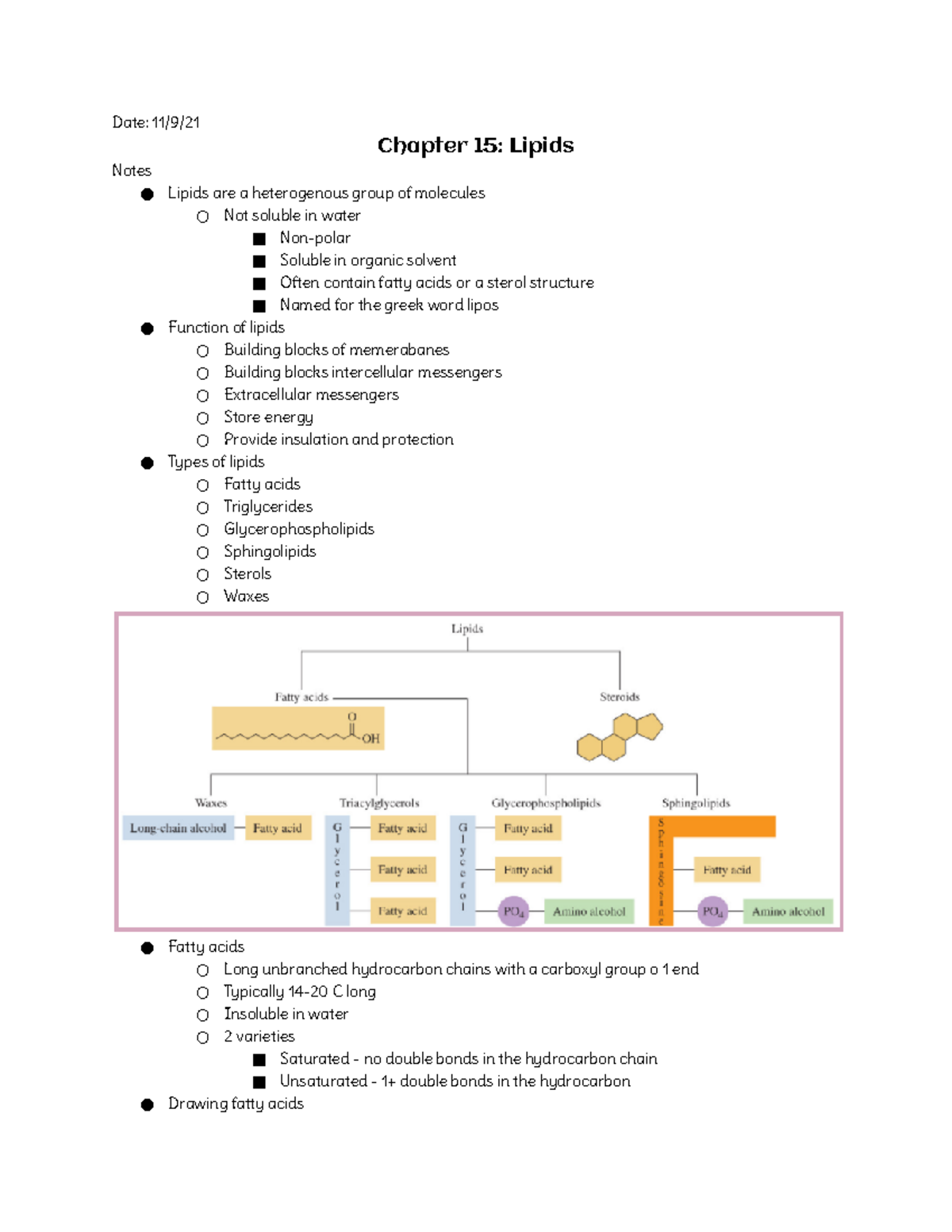 Chapter 15: Lipids - Date: 11/9/ Chapter 15: Lipids Notes Lipids are a ...