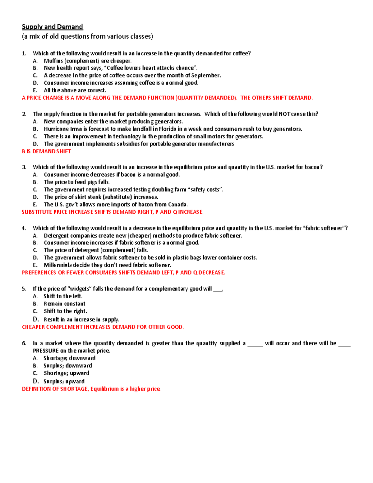 Supply and Demand Answers - Supply and Demand (a mix of old questions ...