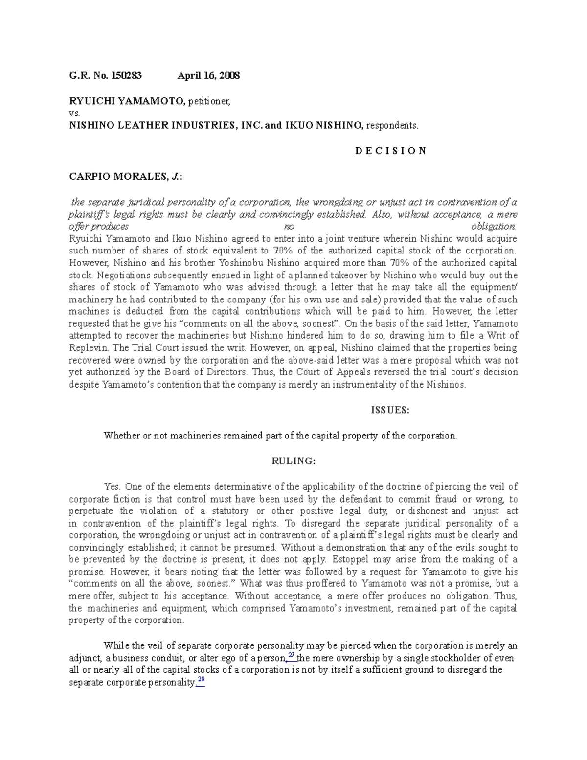 Yamamoto v nishino gr no 150283 case digest - G. No. 150283 April 16 ...