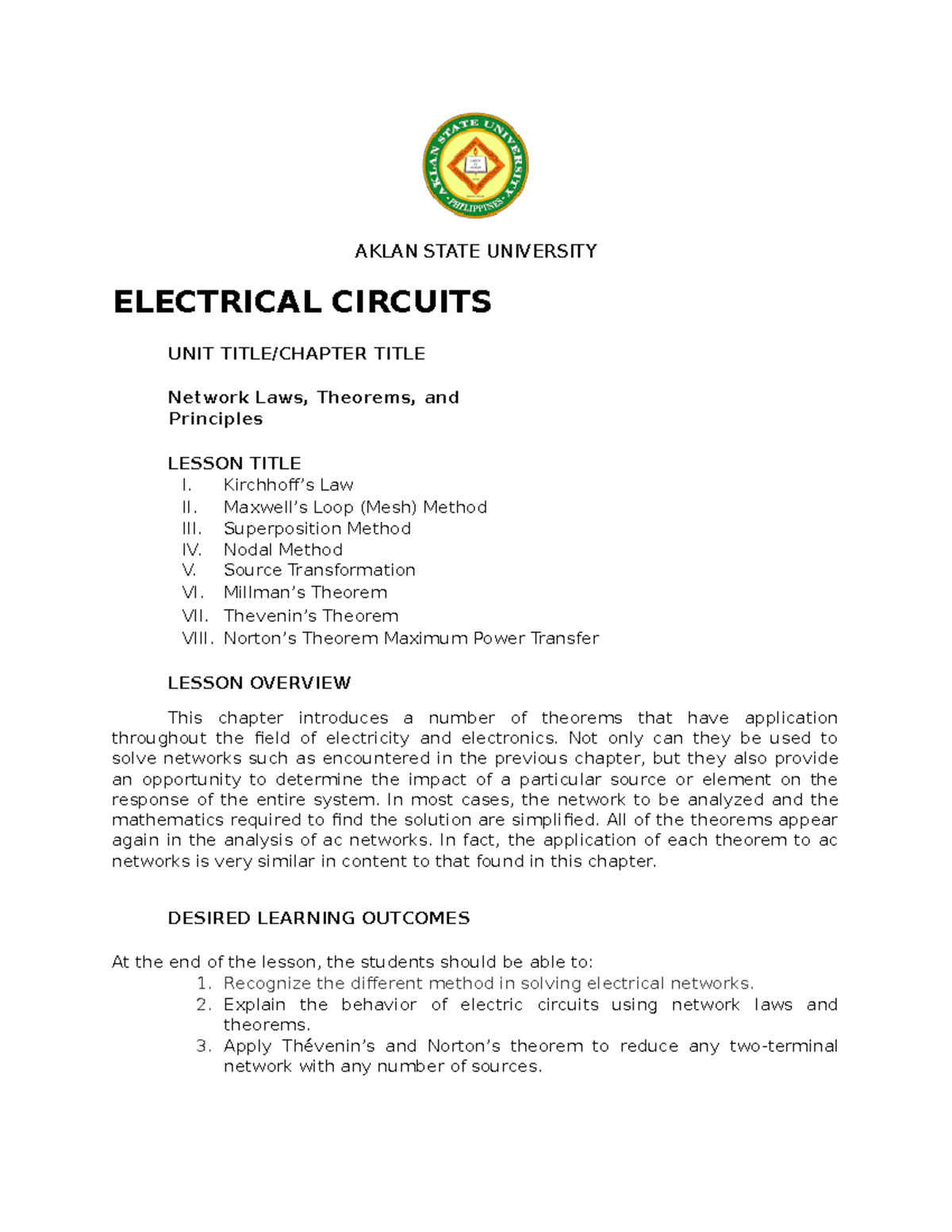 Electrical Circuits 1- Network Laws, Theorems, and Principles - AKLAN STATE UNIVERSITY ...