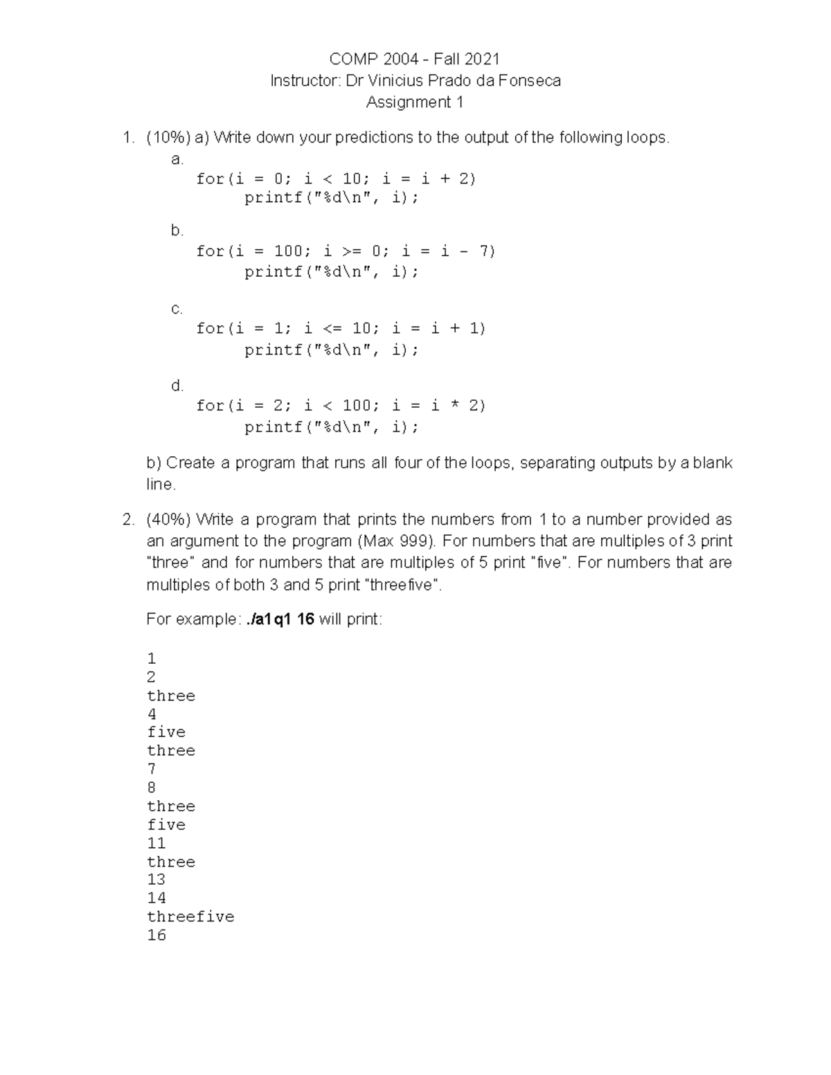 A1 Assignment 1 Comp 2004 Fall 2021 Instructor Dr Vinicius Prado Da Fonseca Assignment 1