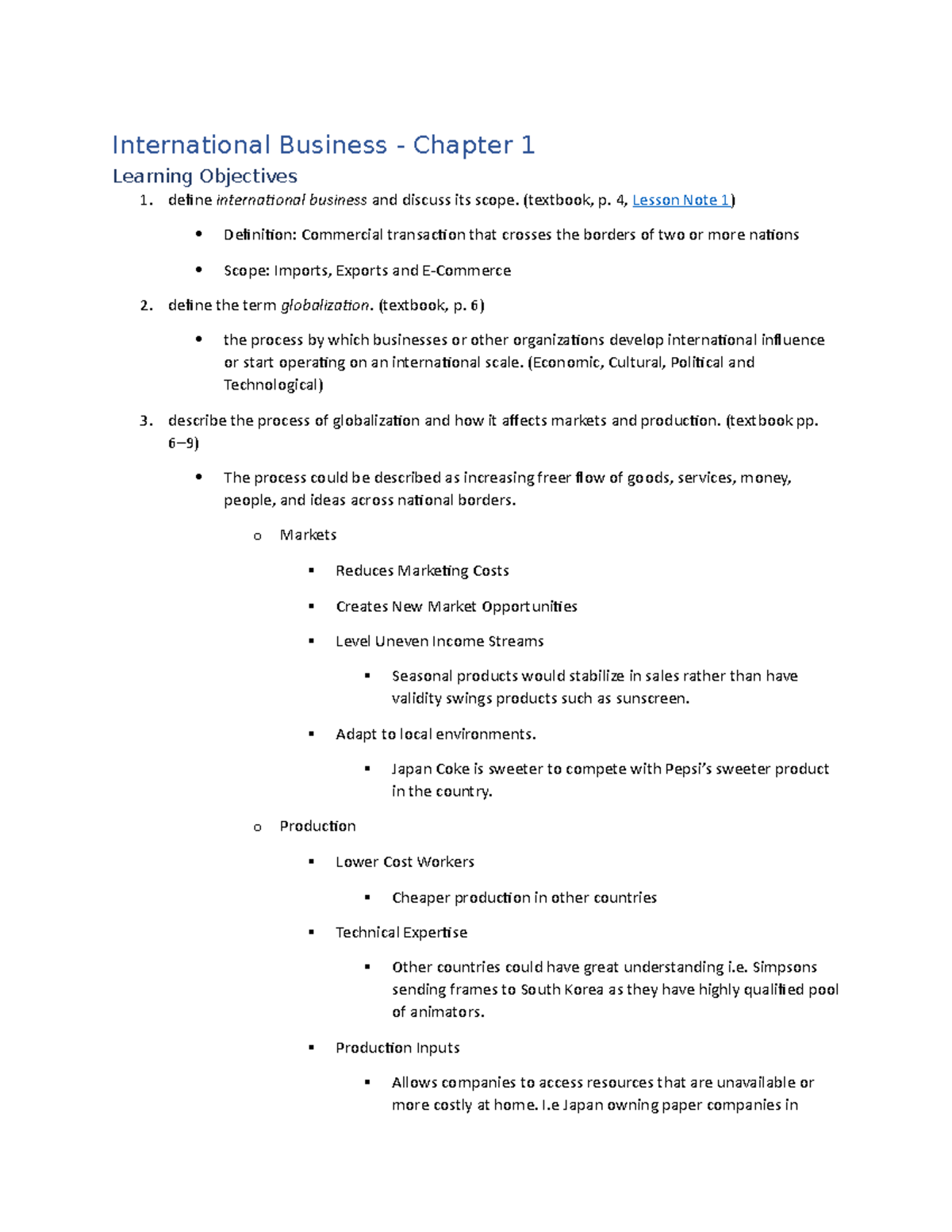 International Business - Chapter 1 - (textbook, p. 4, Lesson Note 1 ...