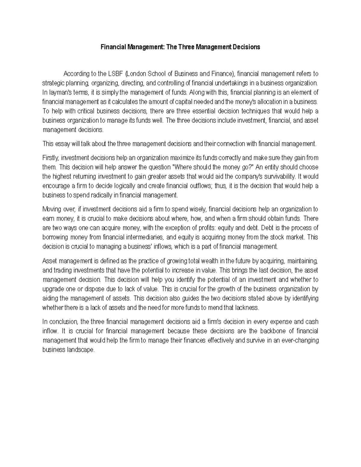 Financial Management - acc - Financial Management: The Three Management ...