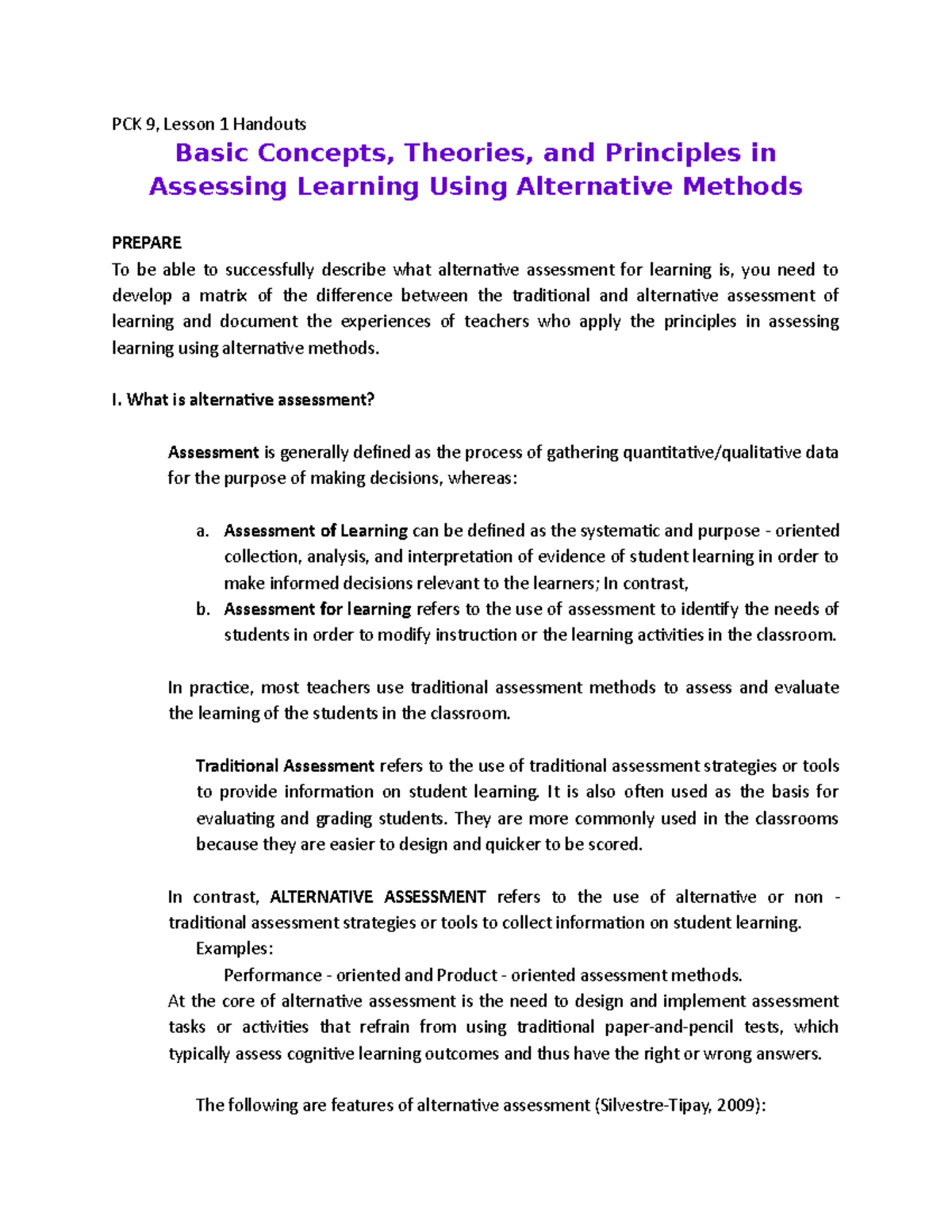 PCK 9 Lesson 1 Handouts - PCK 9, Lesson 1 Handouts Basic Concepts, Theories, and Principles in ...