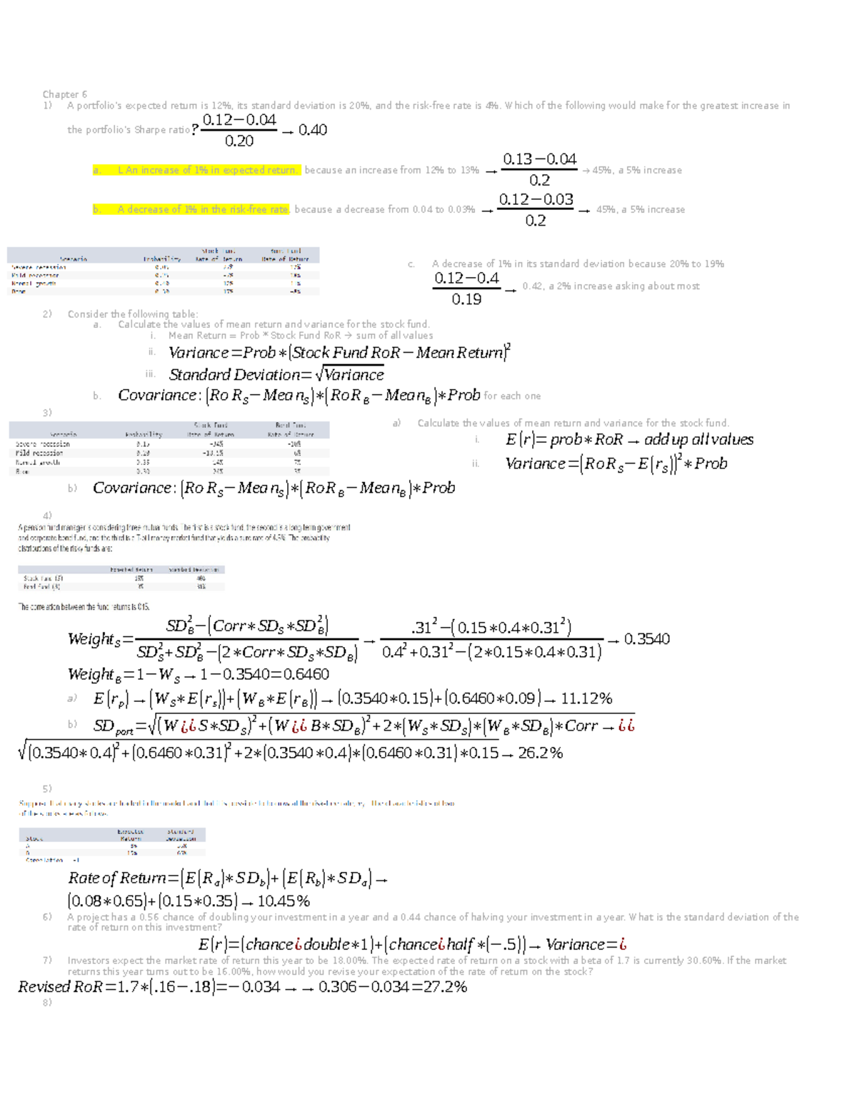 Final Cheat Sheet - Chapter 6 A portfolio's expected return is 12%, its ...