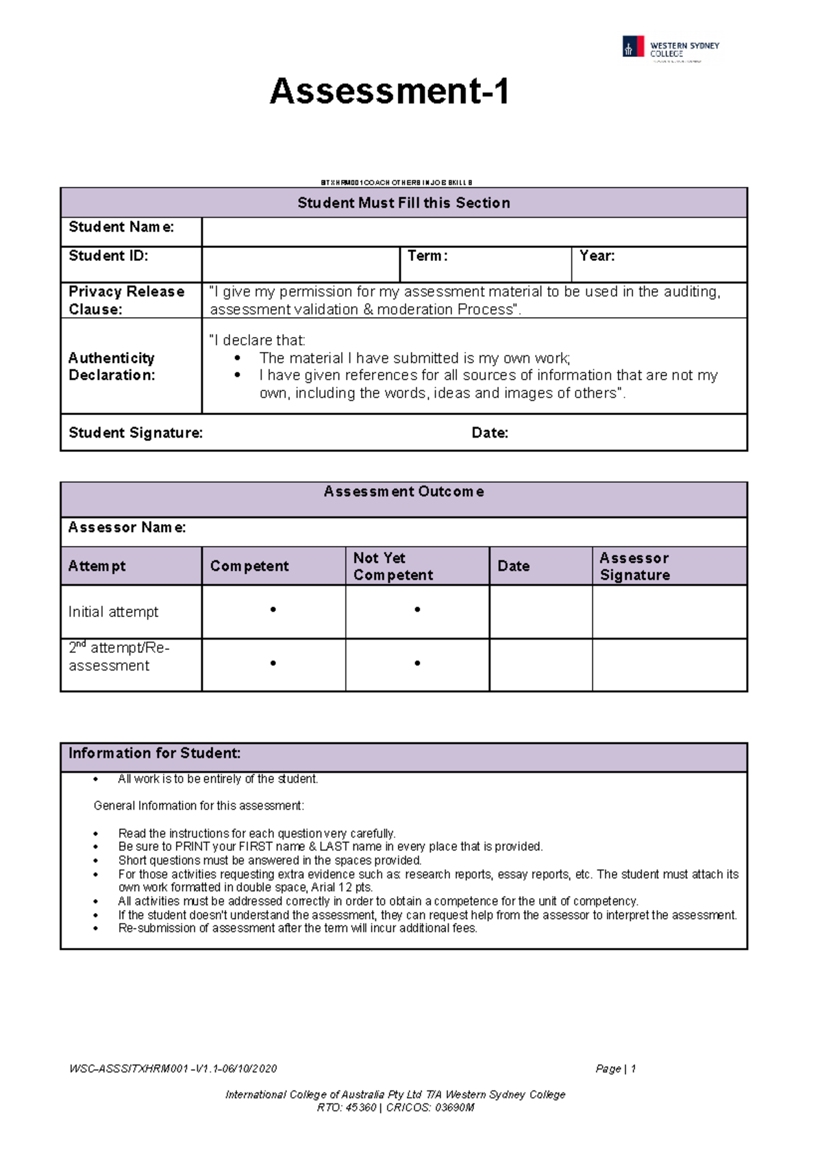 Assessment Task-1 V1.1coach in job skills - Assessment- SITXHRM001 ...