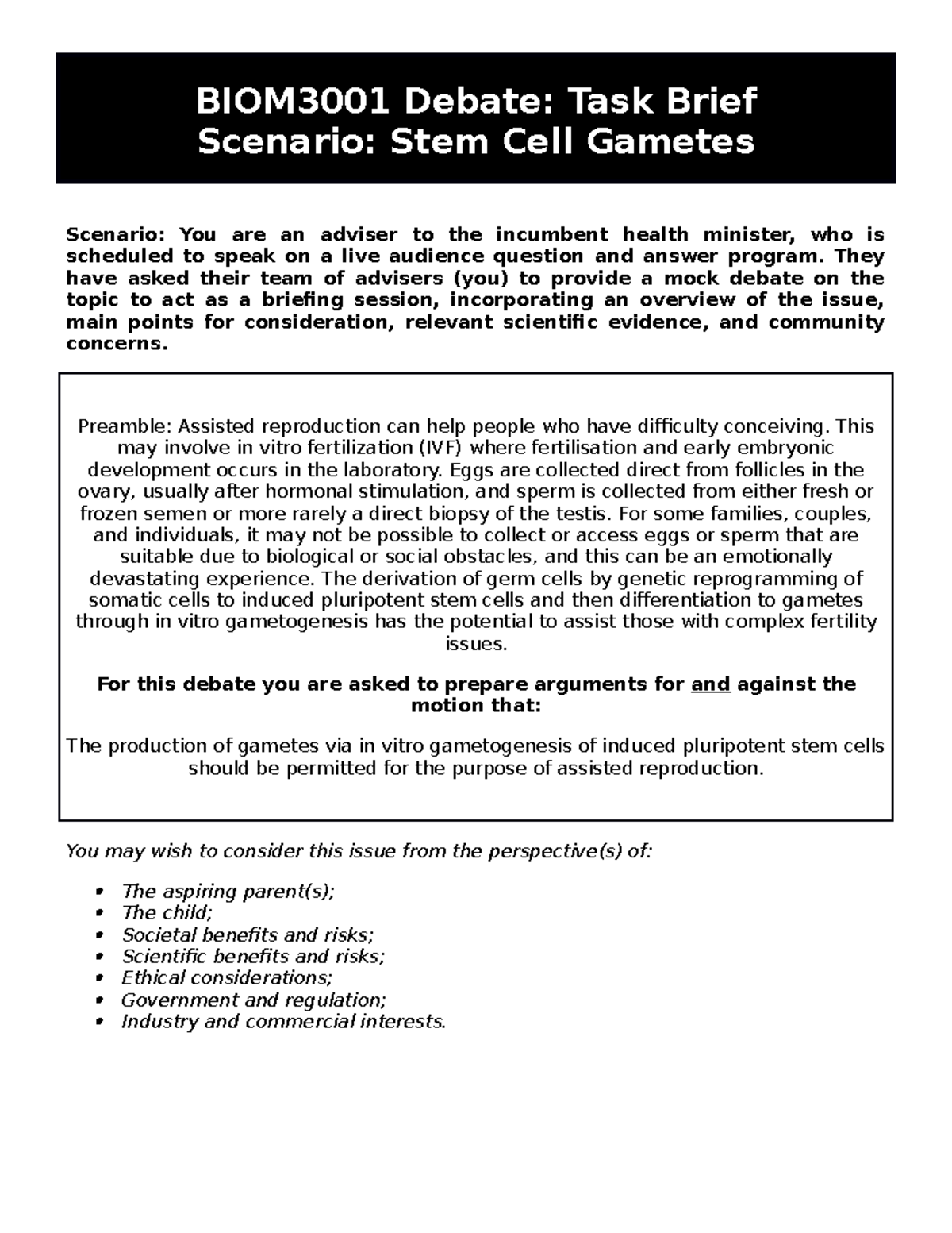 BIOM30001 Debate Task Brief 2021 - BIOM3001 Debate: Task Brief Scenario ...