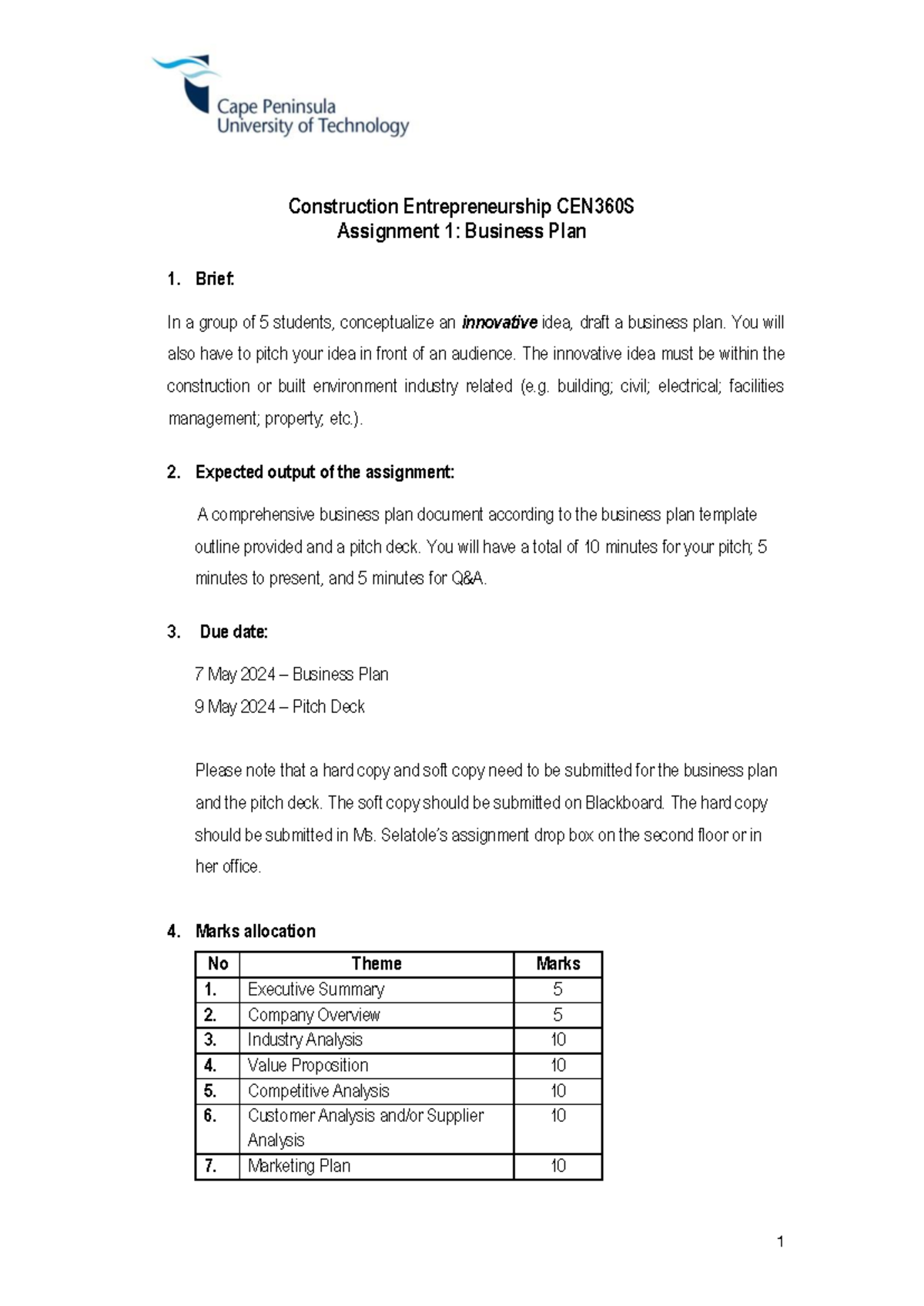 CEN360S Term 2 Business Plan Assignment - 1 Construction ...