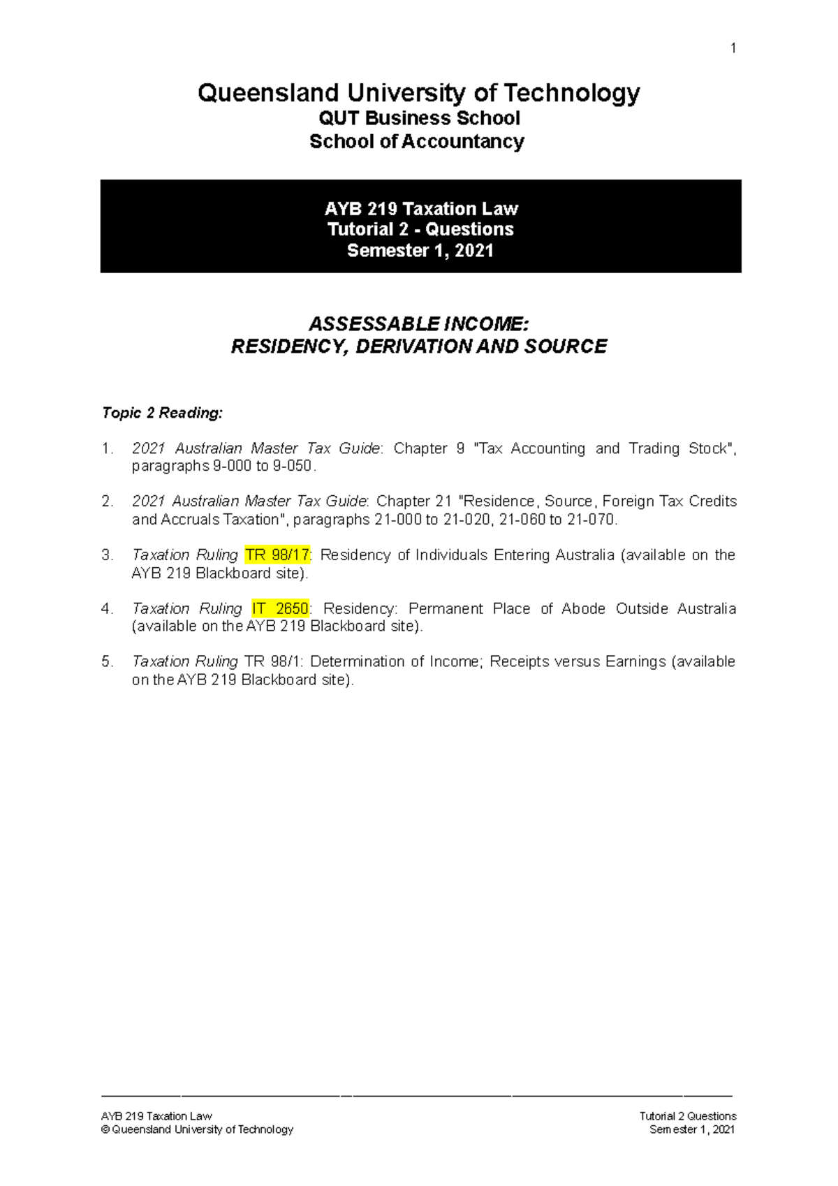 Tutorial 2 - Taxation Law - Queensland University of Technology QUT ...