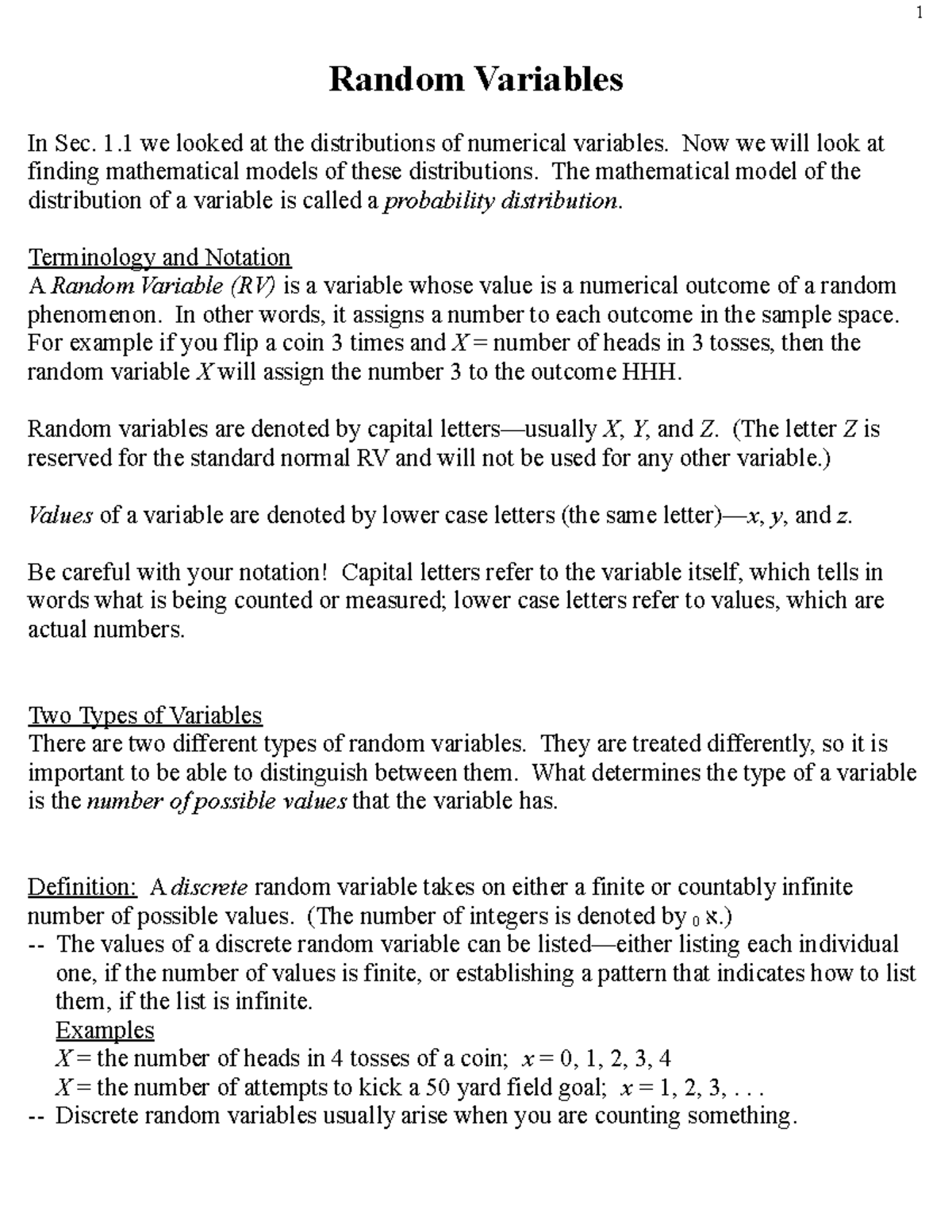 07.1 Random Variables - Random Variables In Sec. 1 we looked at the distributions of numerical ...