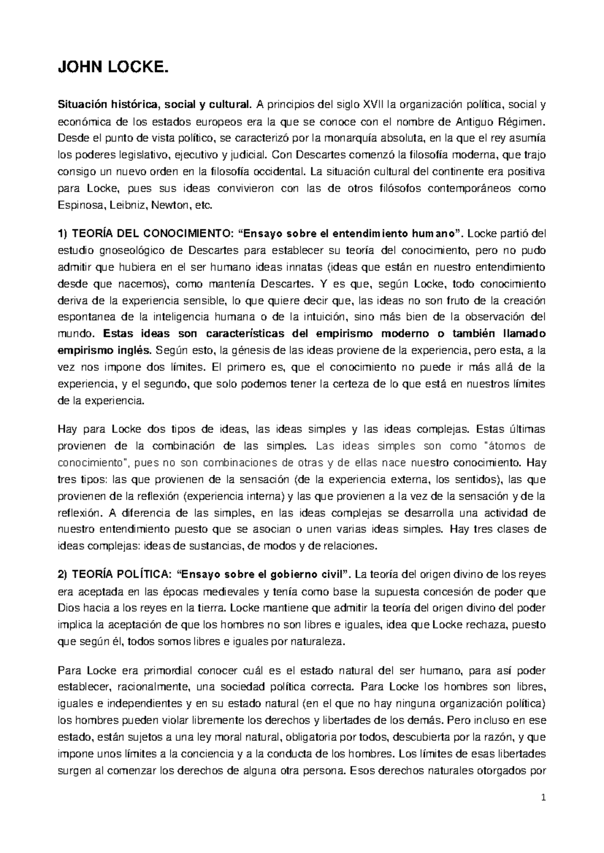 Apuntes-john-locke - 1 JOHN LOCKE. Situación histórica, social y ...