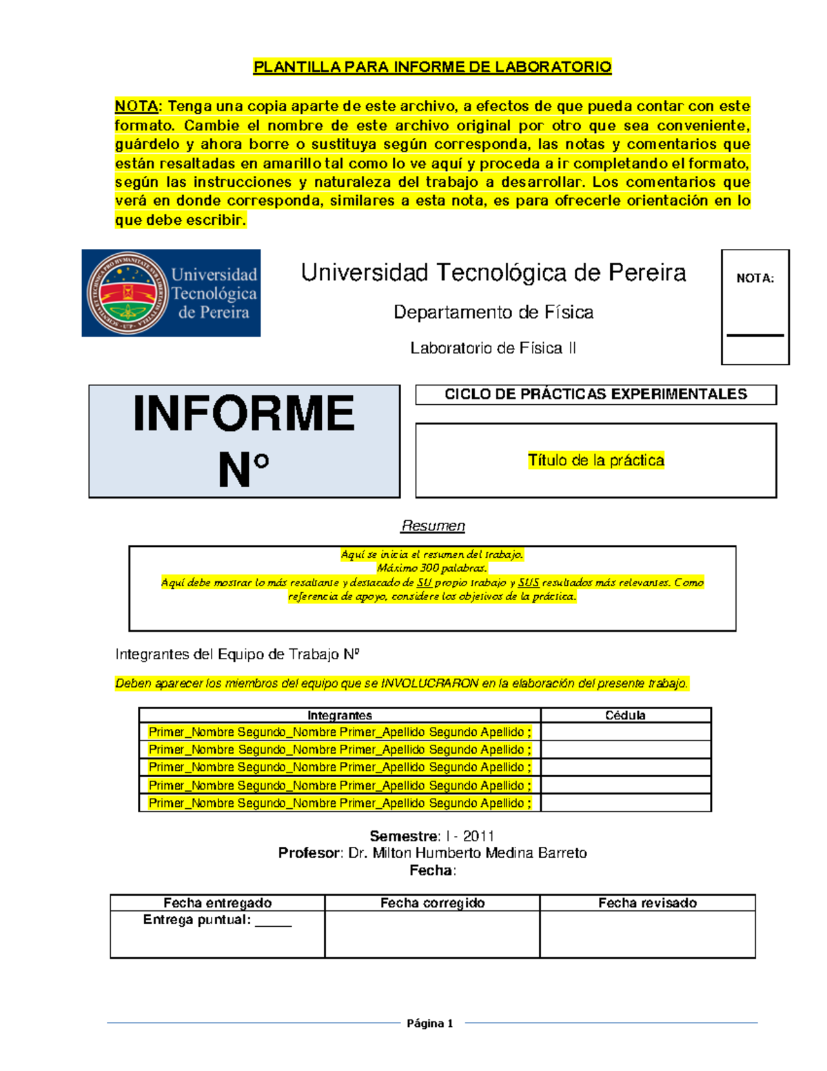 Plantilla informes de laboratorios - Química - Unicórdoba - Studocu
