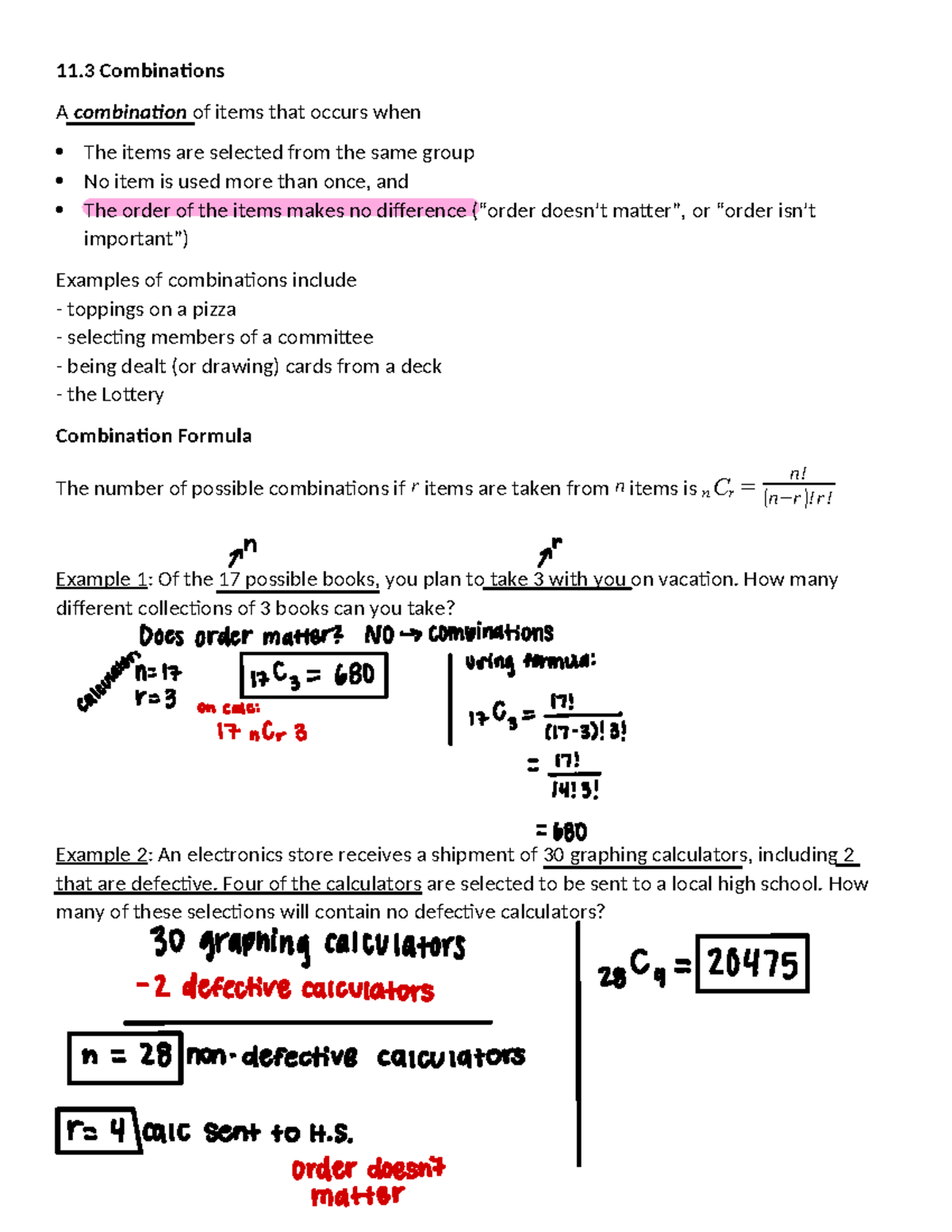 Chapter 11 section 3 - 11 Combina,ons A combina(on of items that occurs when The items are - Studocu