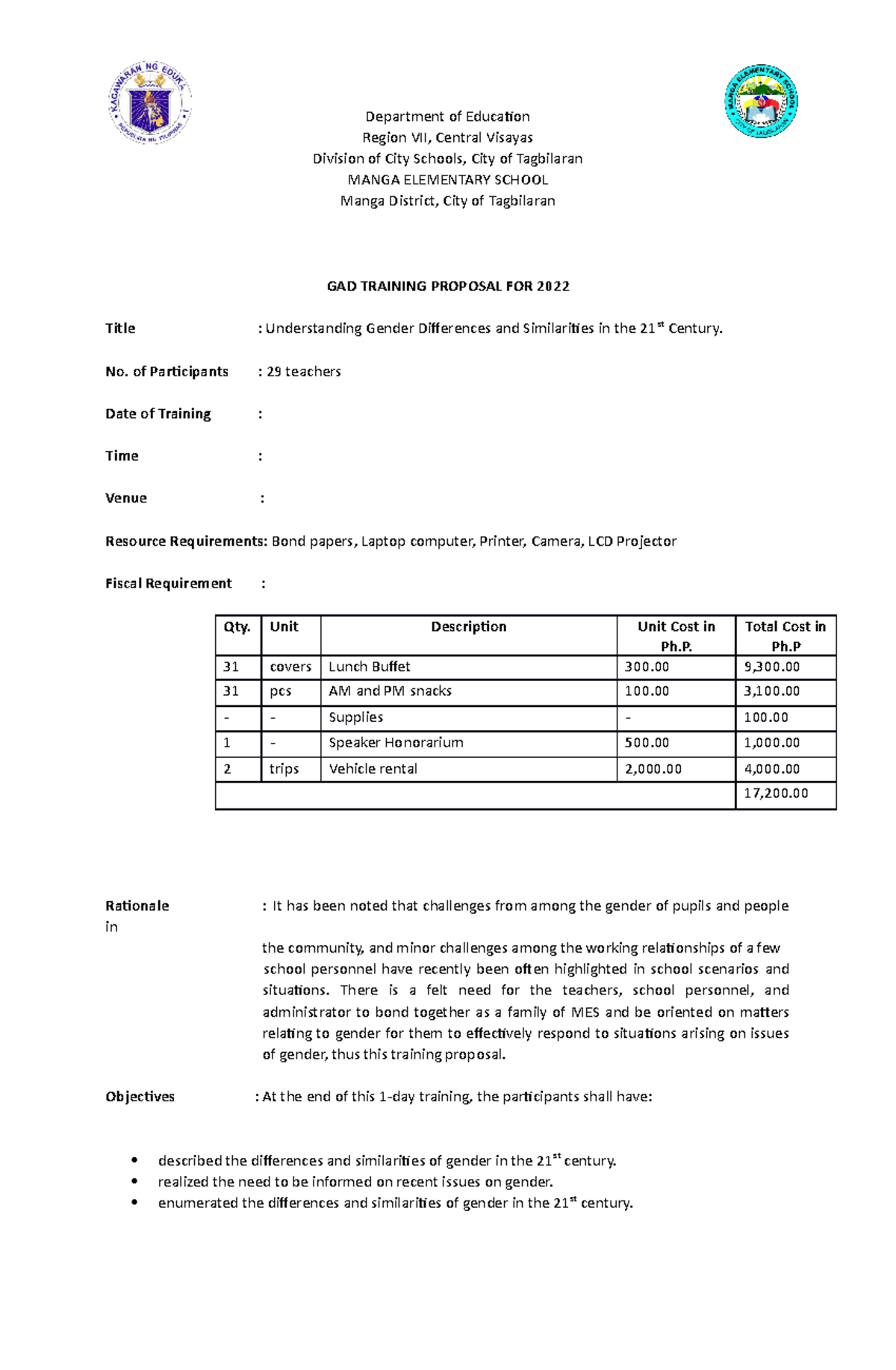 GAD Training Proposal for 2022 - Department of Education Region VII ...