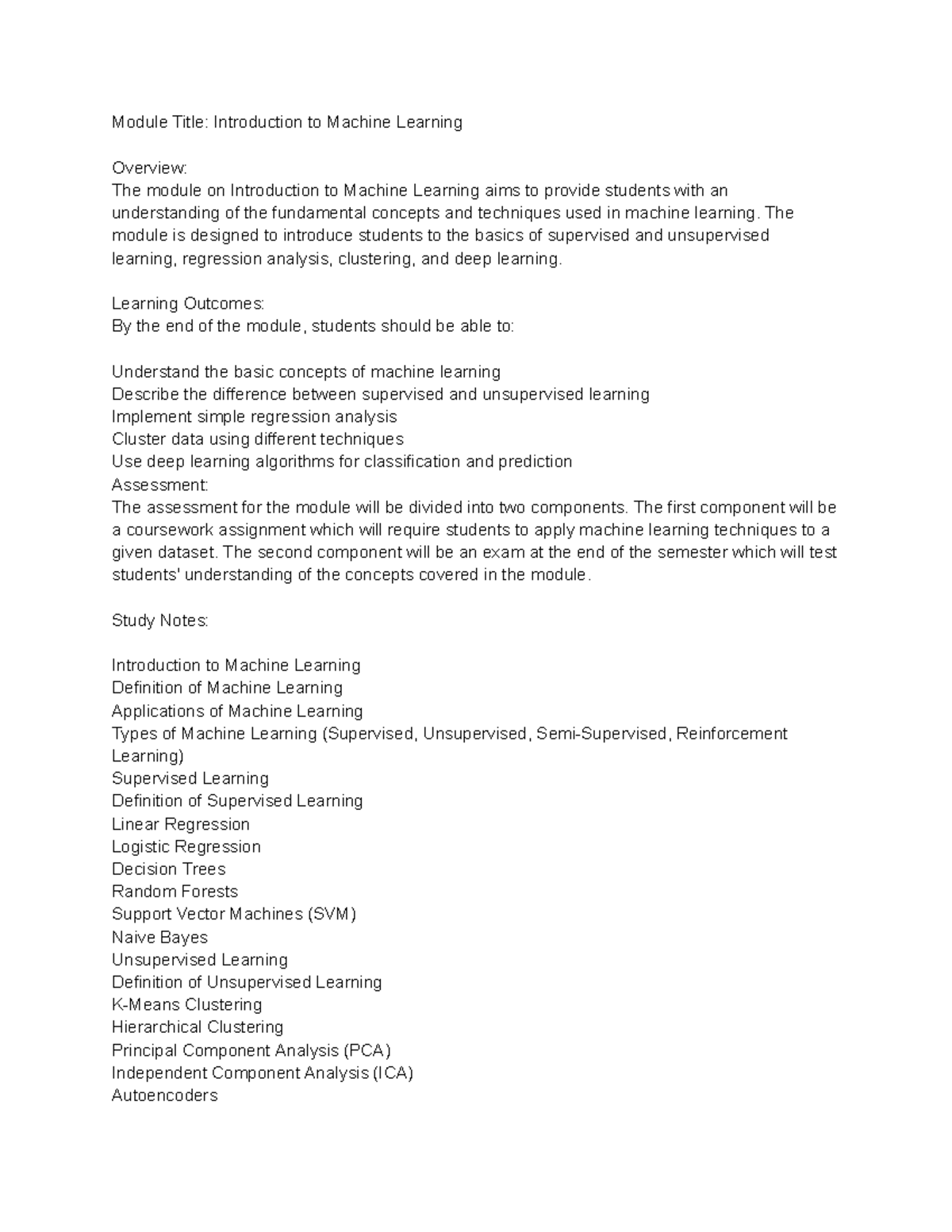 Introduction to machine learning - The module is designed to introduce ...