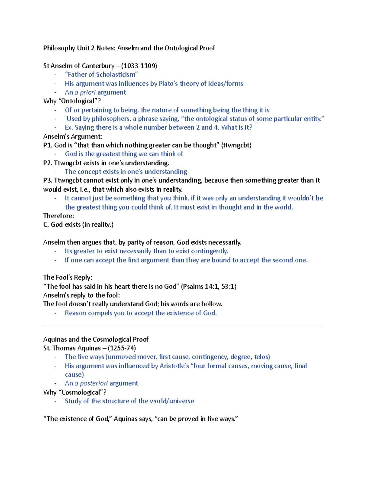 Philosophy Unit 2 Notes - Philosophy Unit 2 Notes: Anselm and the ...