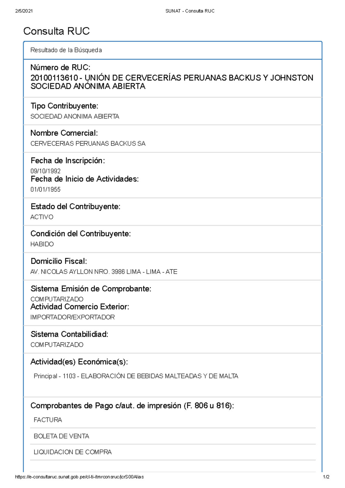 Sunat - Consulta RUC de la empresa "Backus" - 2/5/2021 SUNAT - Consulta ...