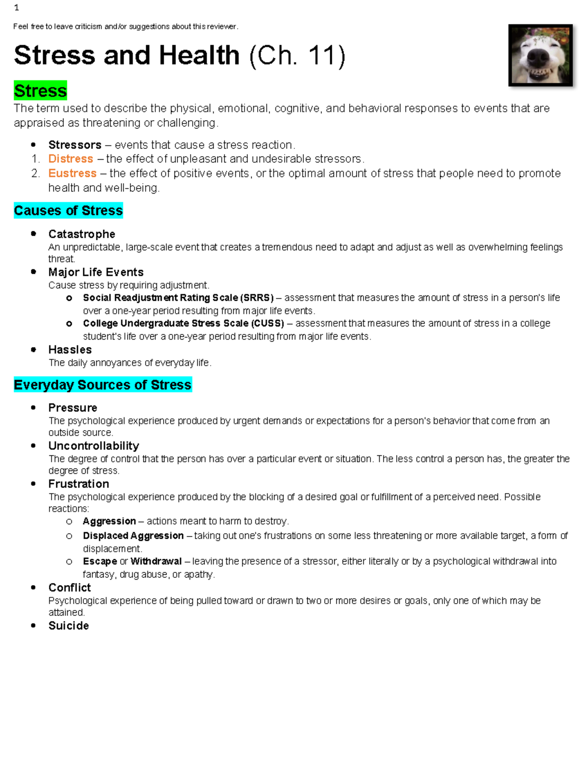 Psych 111 Stress and Health - 1 Feel free to leave criticism and/or ...