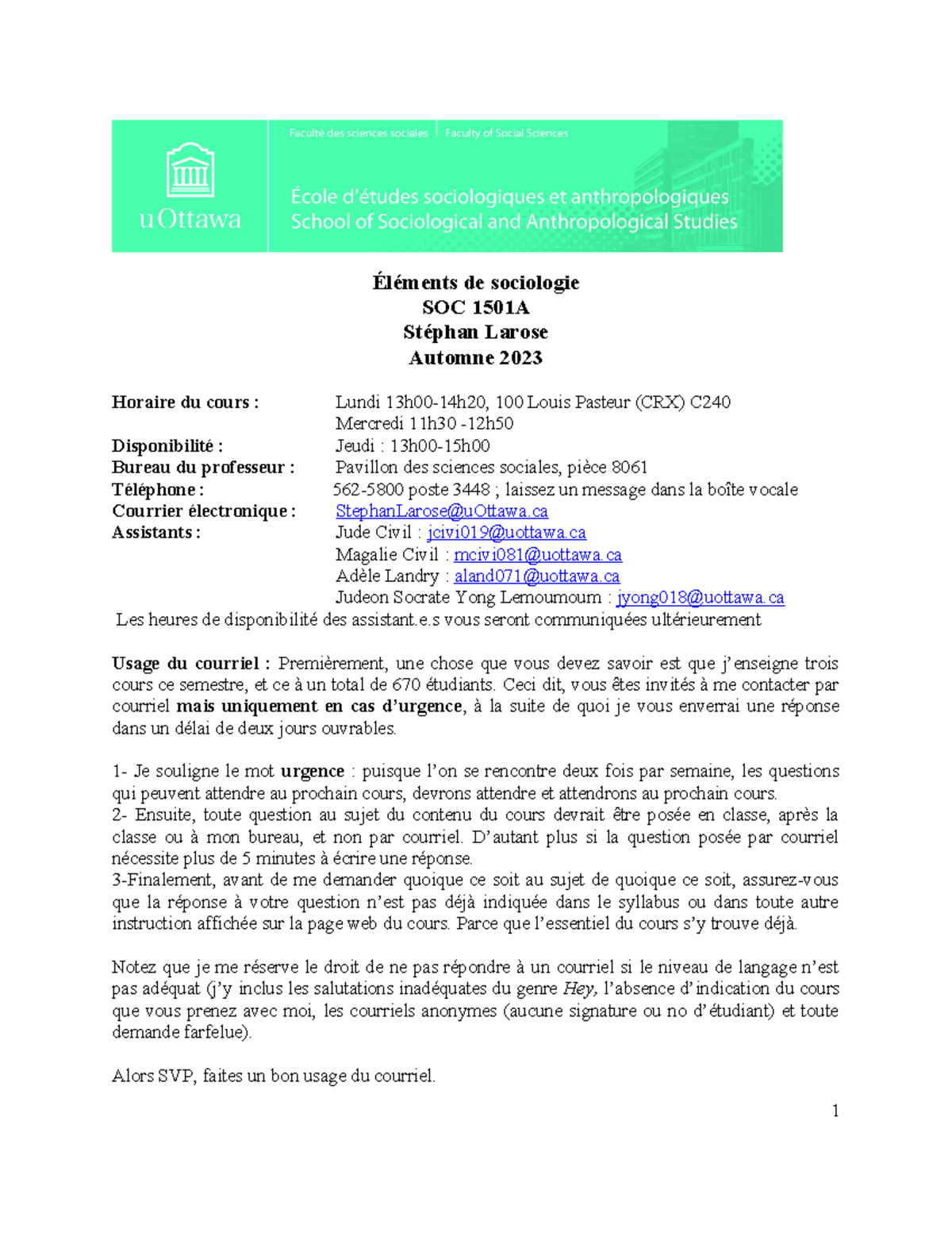 Syllabus 1501A - Éléments de sociologie SOC 1501A Stéphan Larose ...