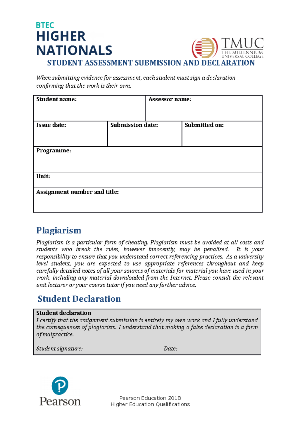 Front page of assignment - STUDENT ASSESSMENT SUBMISSION AND DECLARATION When submitting ...