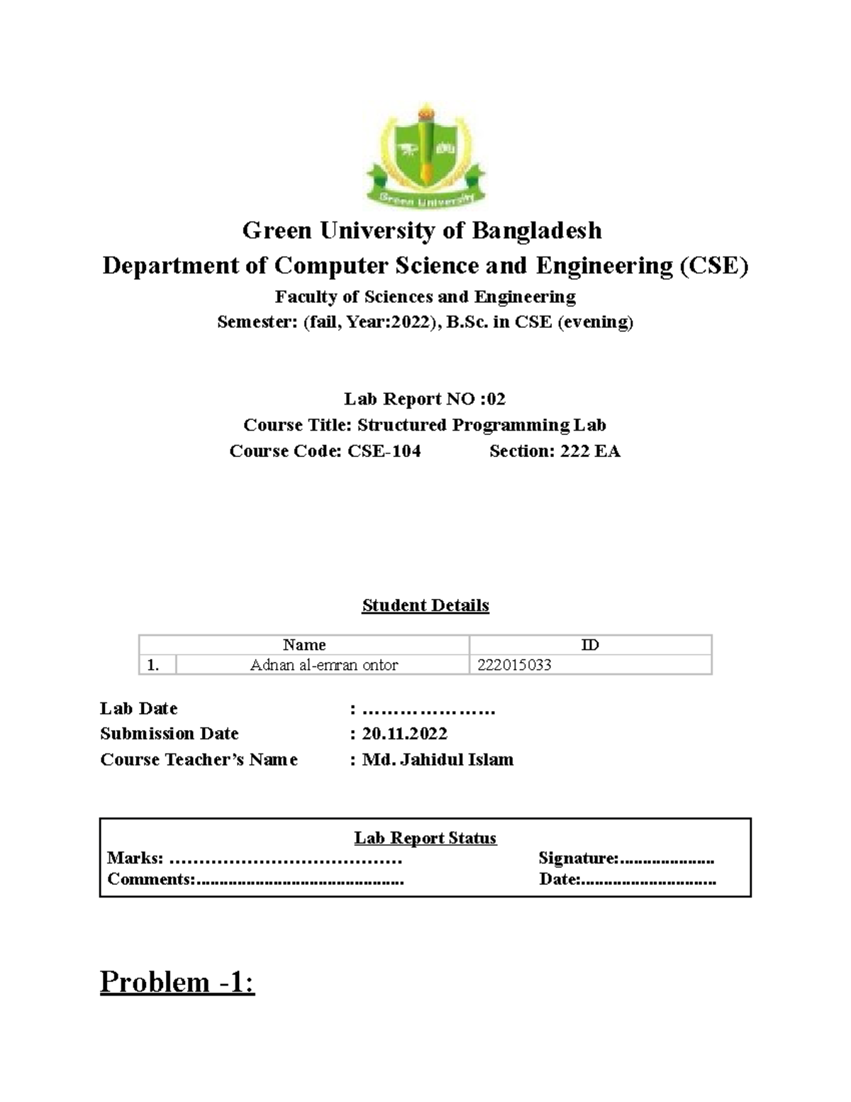 Lab Report 2 (Name adnan . id 222015 033 - Green University of ...