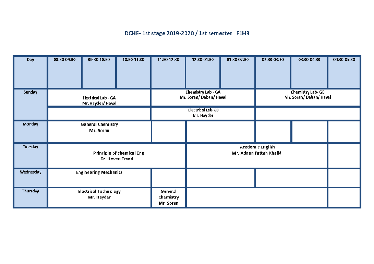 Time table 2020 Second Sem - DCHE- 1st stage 2019-2020 / 1st semester ...