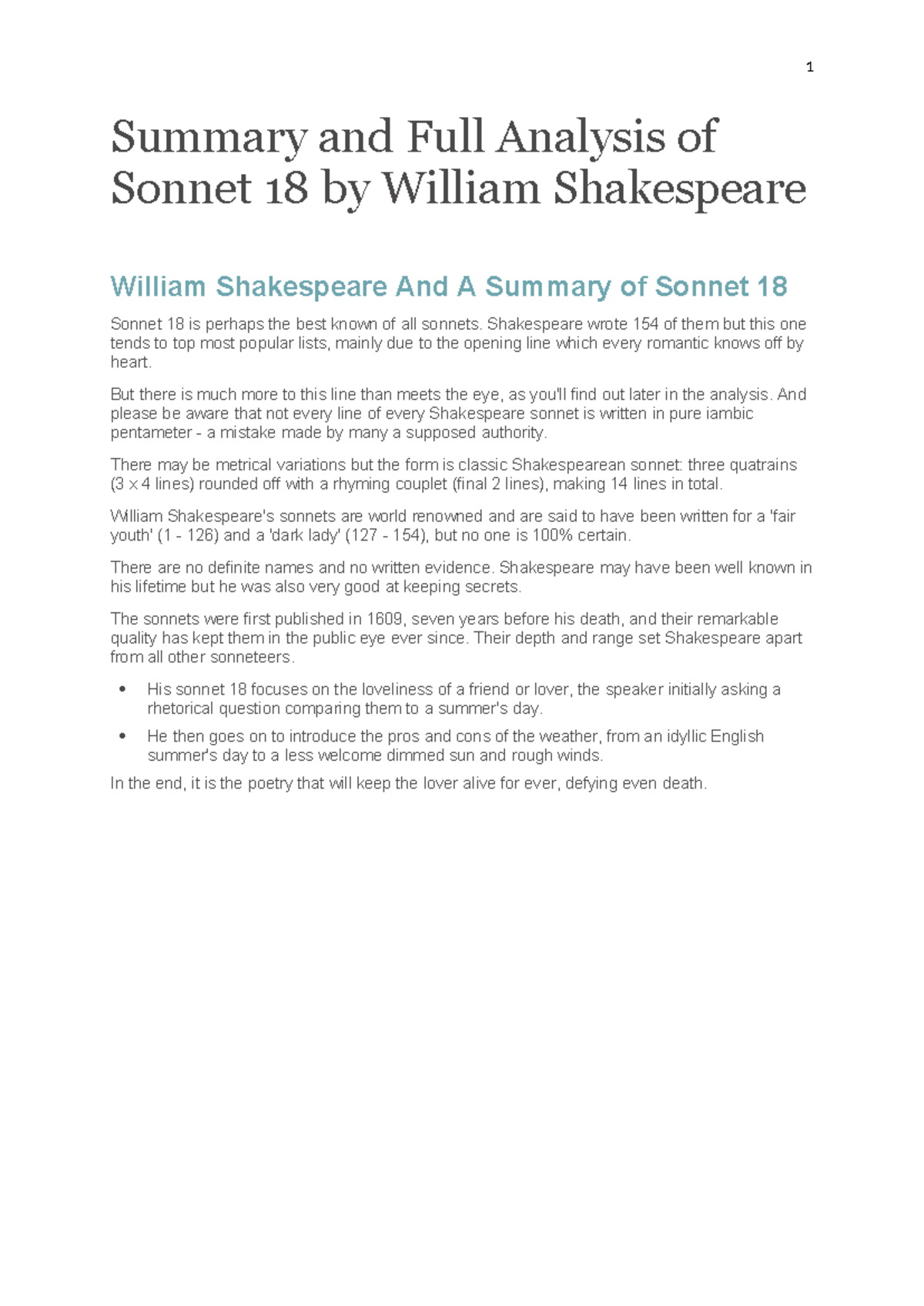 Summary and Full Analysis of Sonnet 18 by William Shakespeare ...