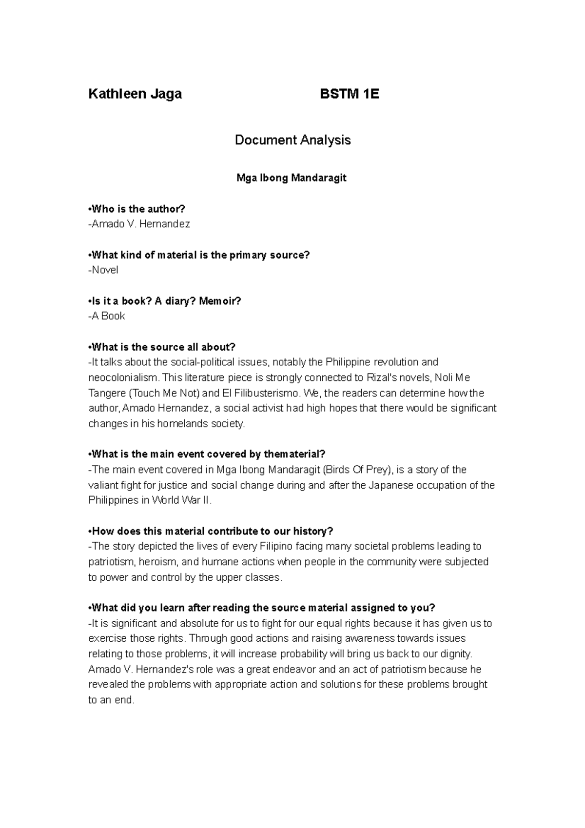 Document Analysis - Kathleen Jaga BSTM 1E Document Analysis Mga Ibong Mandaragit •Who is the ...