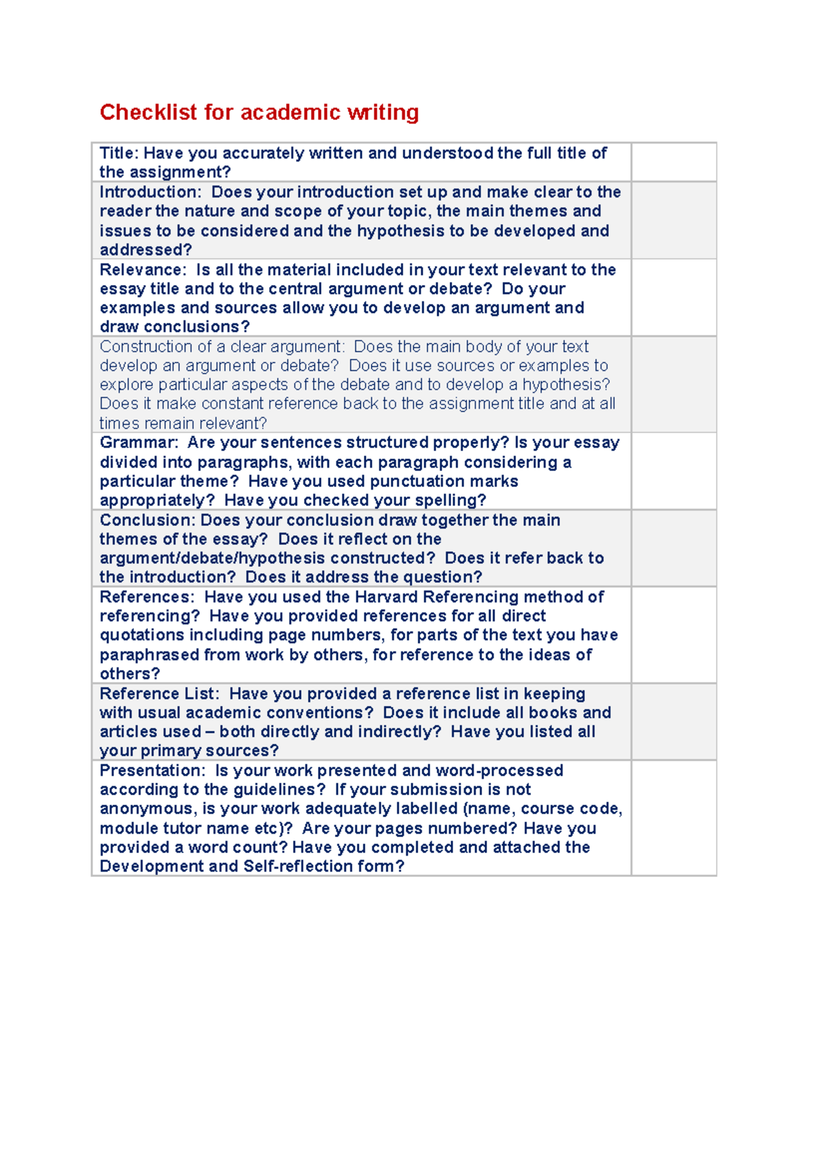 Checklist for academic writing - Checklist for academic writing Title ...