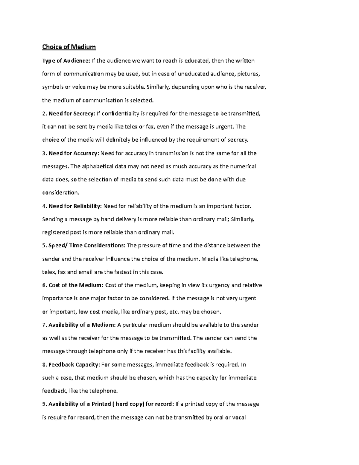 Managerial Communication Notes 3 - Choice of Medium Type of Audience ...