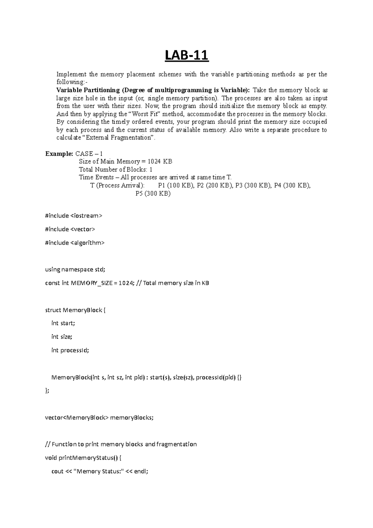 LAB11 - LAB- Implement the memory placement schemes with the variable partitioning methods as ...
