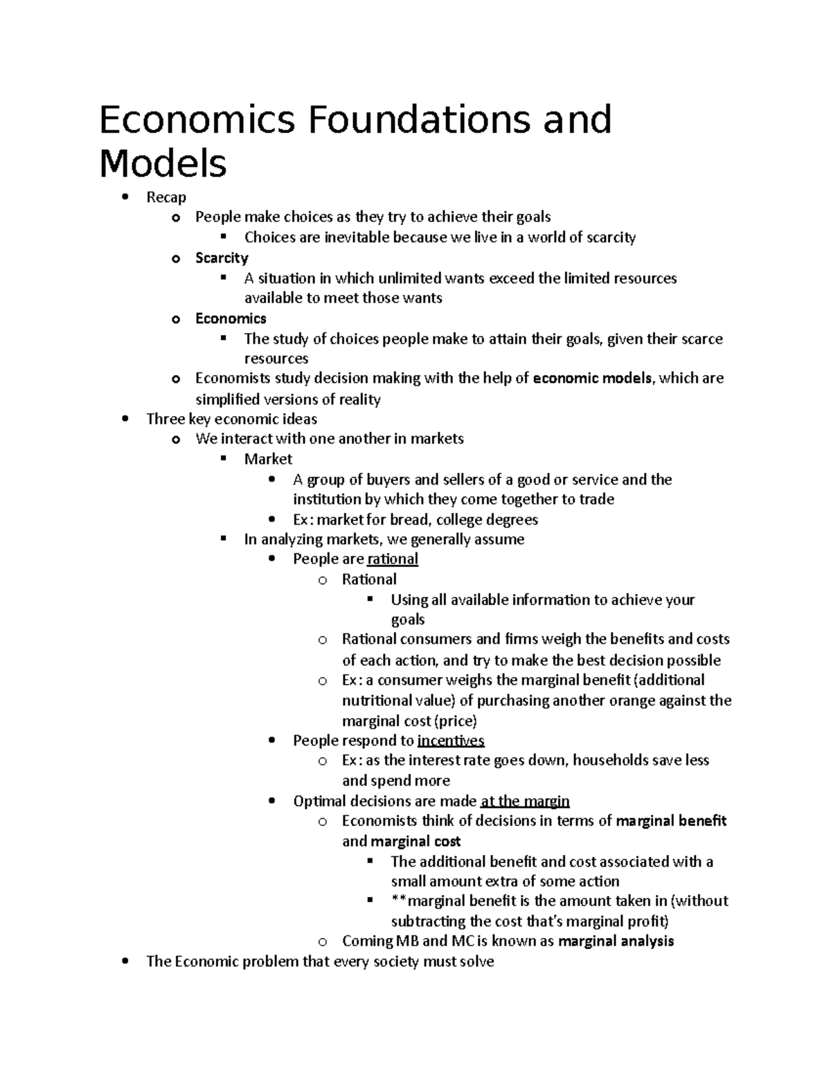 Exam 1 - Lecture notes Notes - Economics Foundations and Models Recap o ...