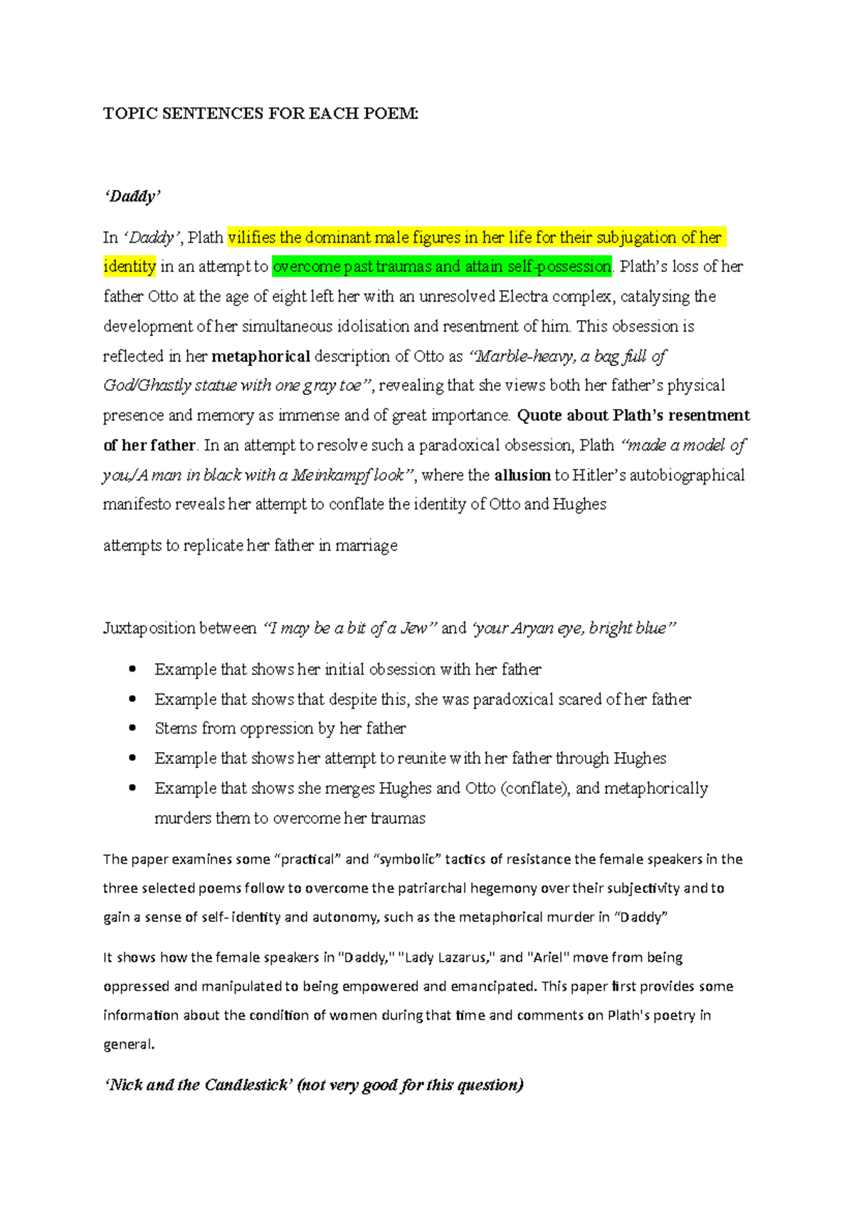 COMM1110 practice material 11 - TOPIC SENTENCES FOR EACH POEM: ‘Daddy ...