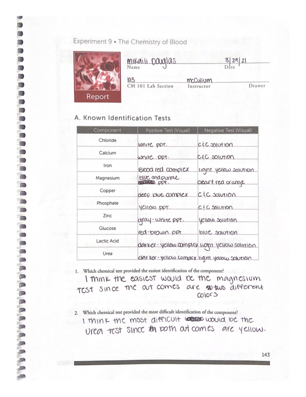 Experiment 9 The Chemistry of Blood - CH 101L - South - Studocu