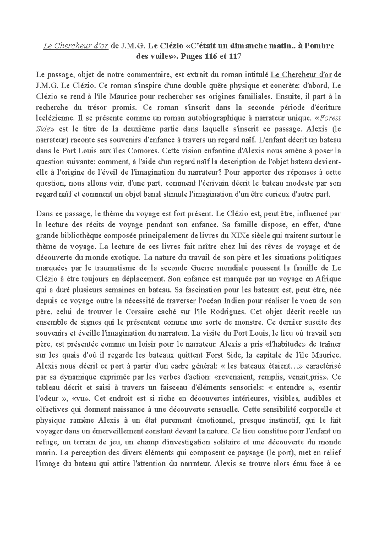 Le Chercheur d'or commentaire - Le Chercheur d'or de J.M. Le Clézio «C ...