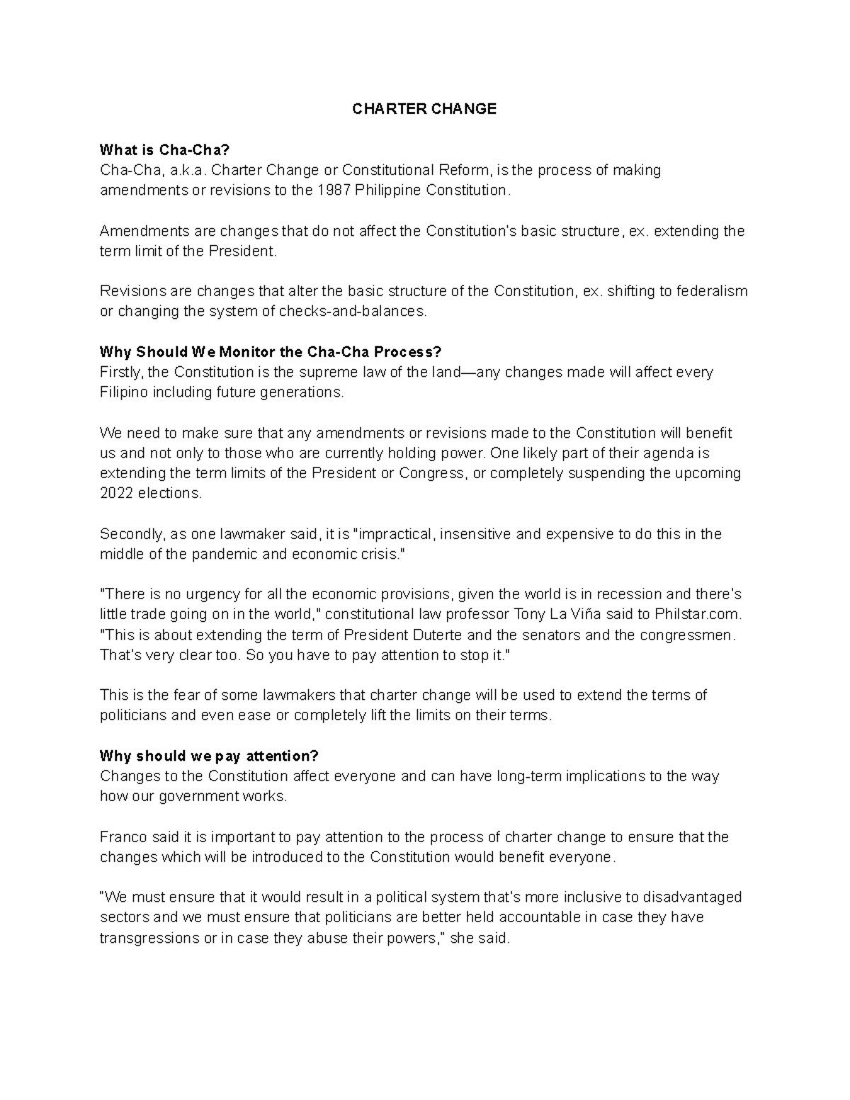 Charter Change - CHARTER CHANGE What is Cha-Cha? Cha-Cha, a.k. Charter ...