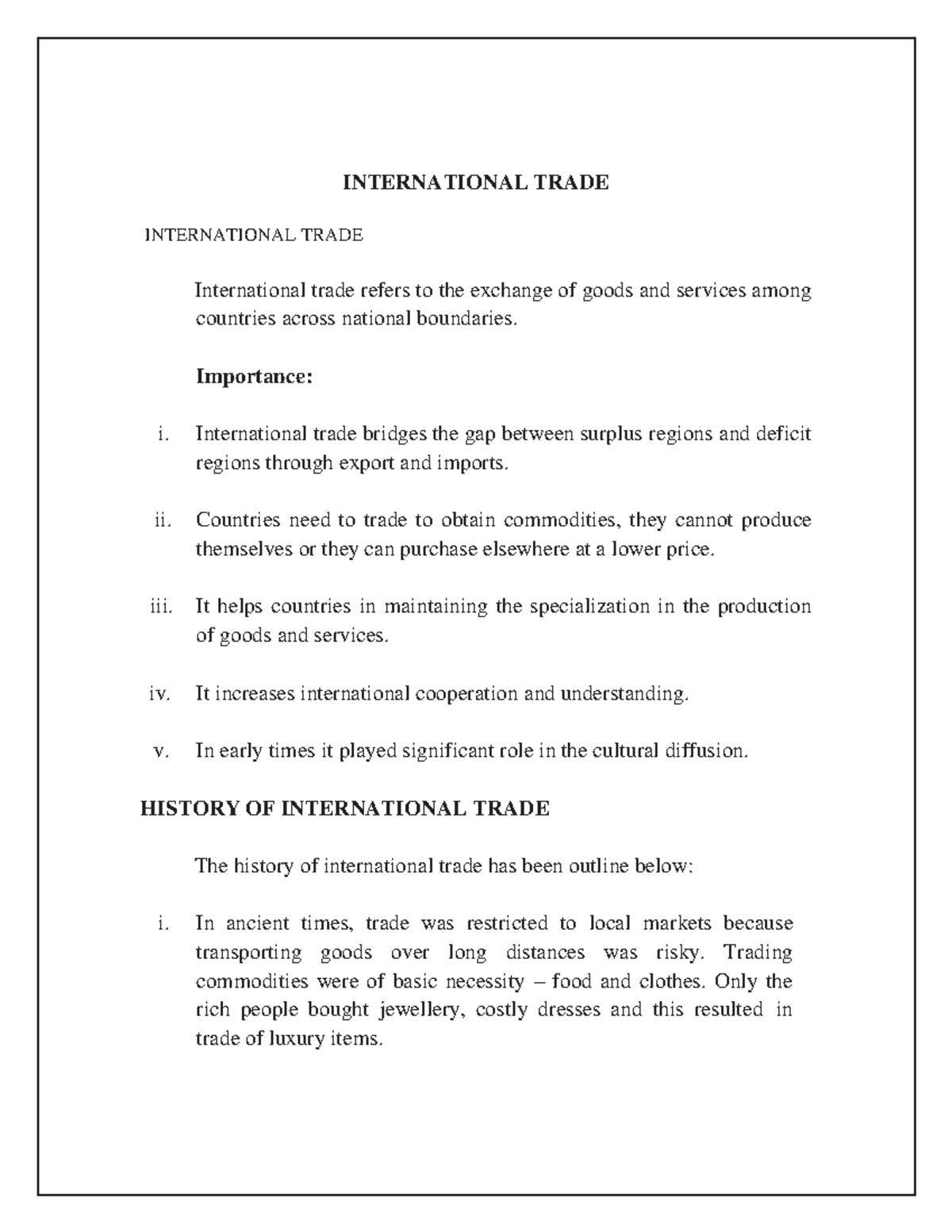 Note about International Trade - CHAPTER- INTERNATIONAL TRADE ...