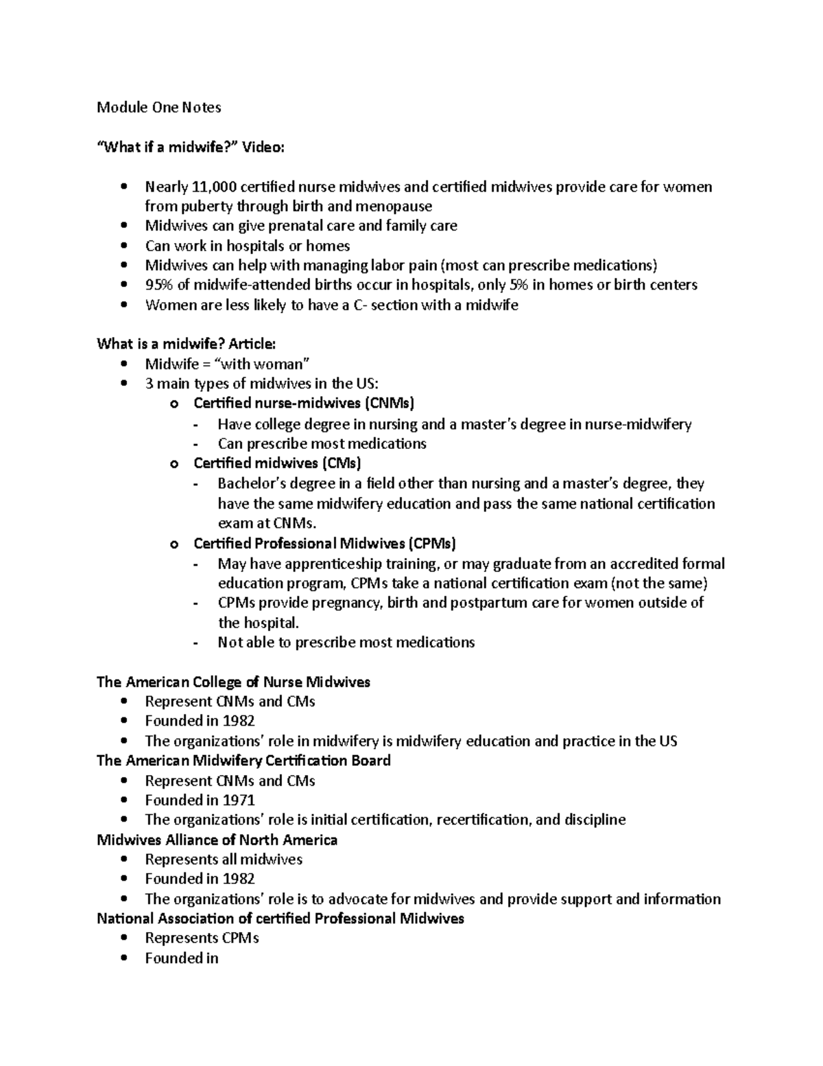 Module One Notes - Module One Notes “What if a midwife?” Video: Nearly ...