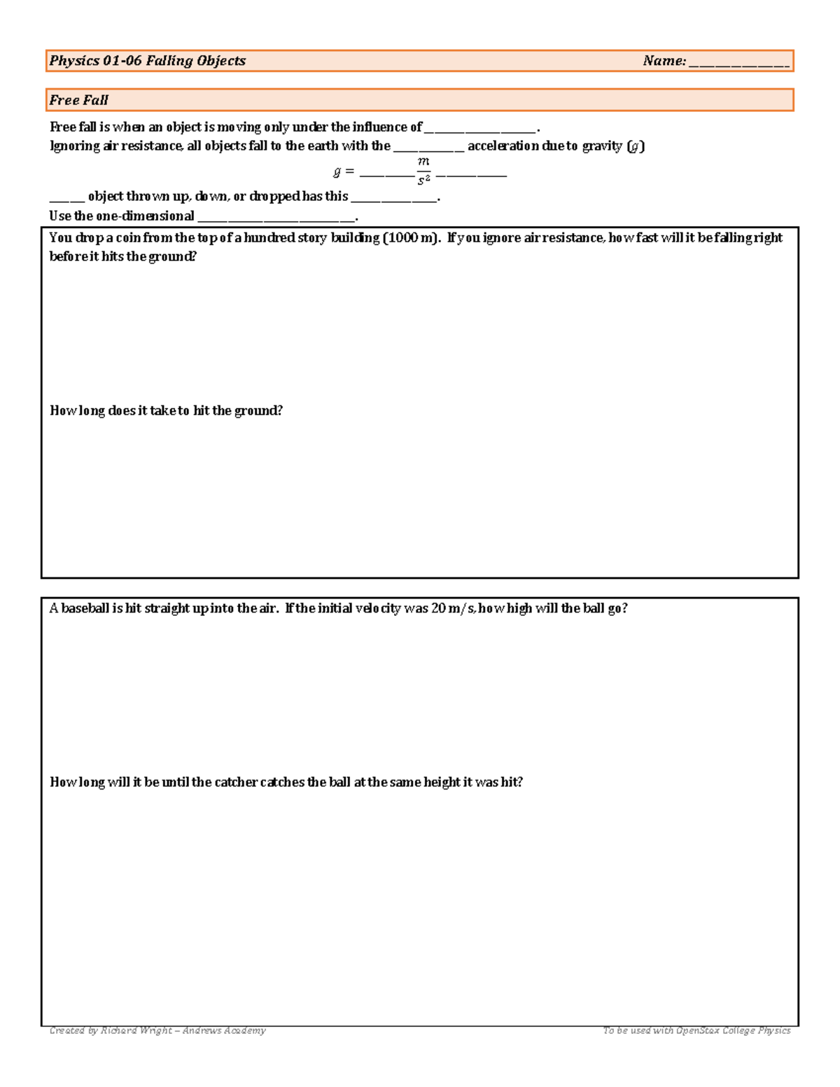 Physics 01-06 Free Fall - Physics 01-06 Falling Objects Name ...