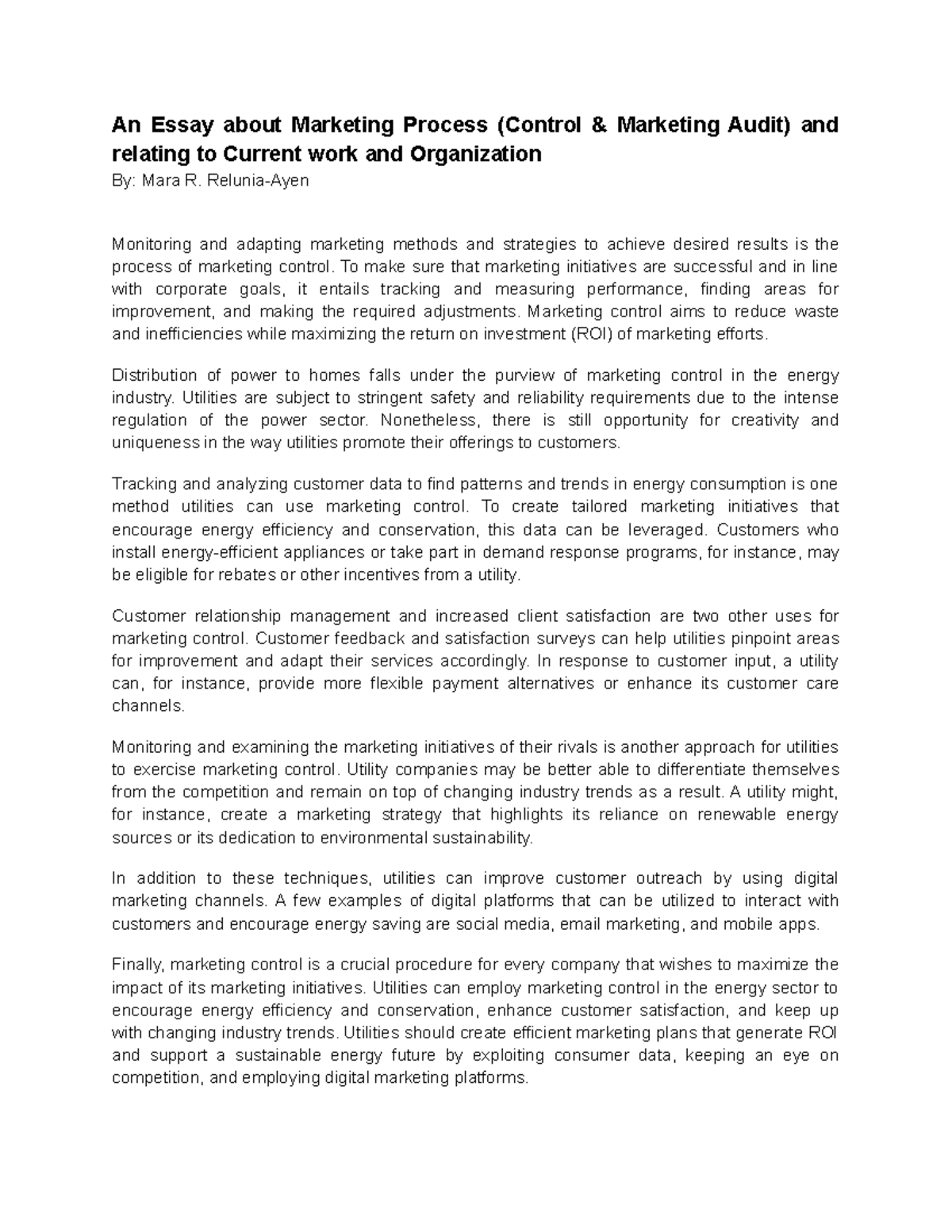 An Essay about Marketing Process (Control & Marketing Audit) and ...