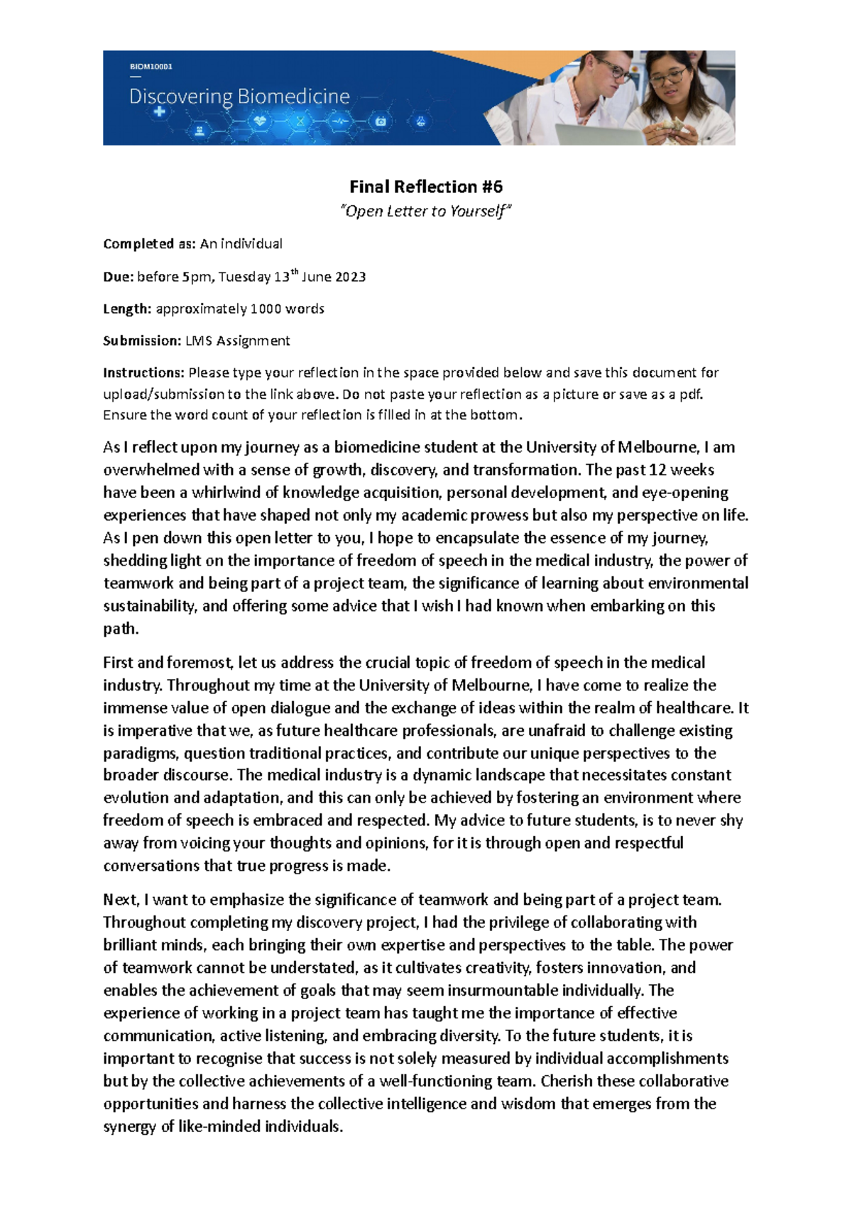 Biomed final written reflection good version - Final Reflection “Open ...