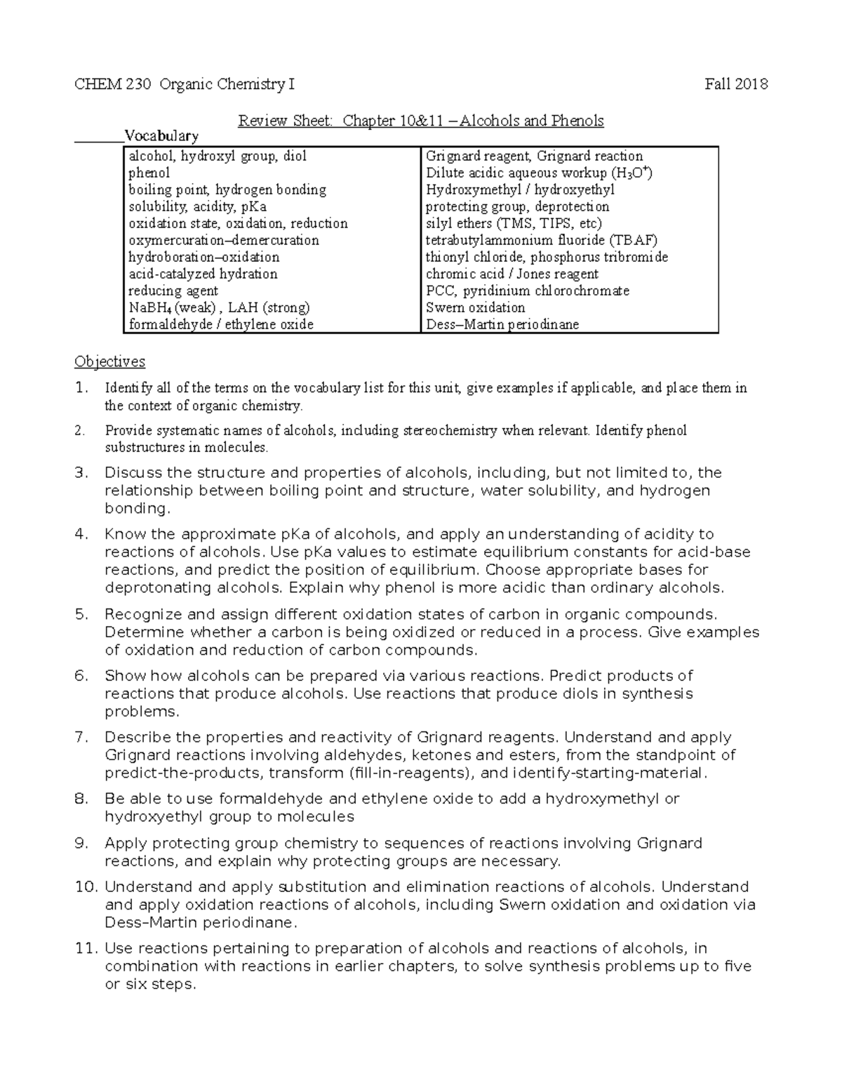 Ch10&11-Review Sheet - CHEM 230 Organic Chemistry I Fall 2018 Review ...