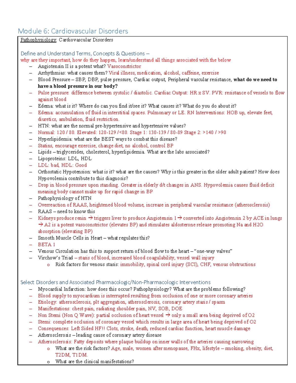 Exam 3 - Study Guide-1 - Module 6: Cardiovascular Disorders Pathophysiology: Cardiovascular ...