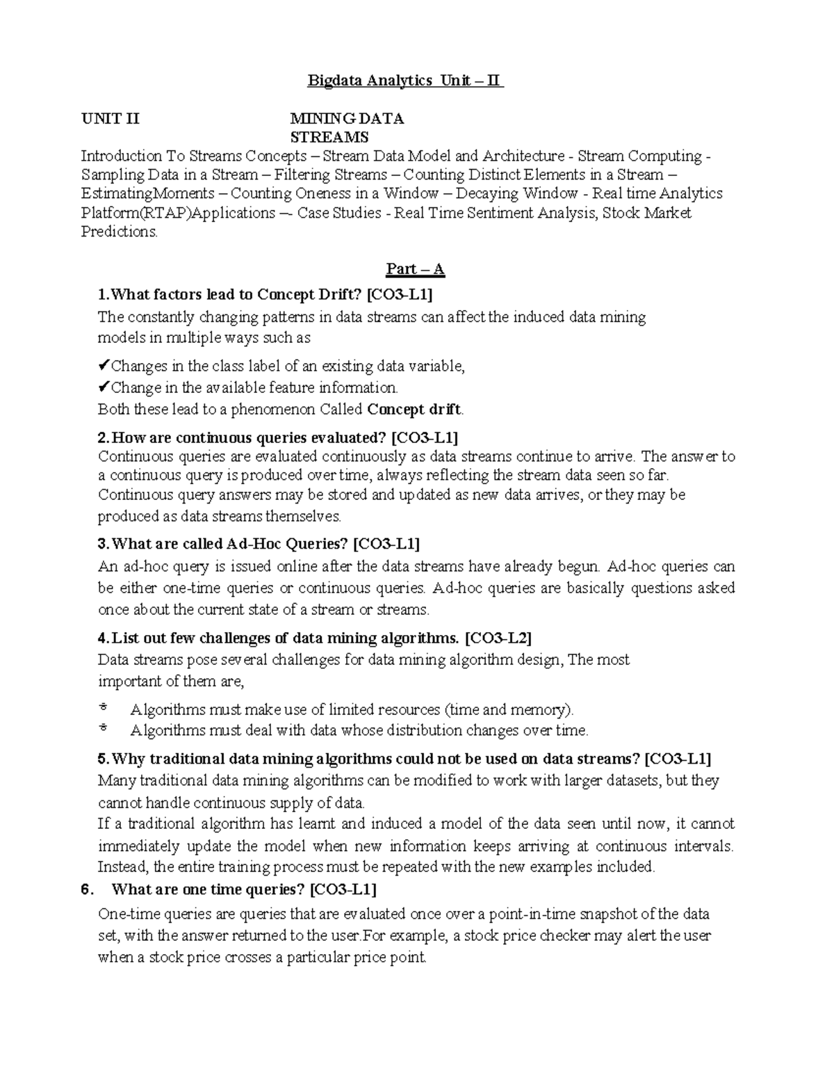 UNIT 2 - unit 2 - Bigdata Analytics Unit – II UNIT II MINING DATA STREAMS Introduction To ...